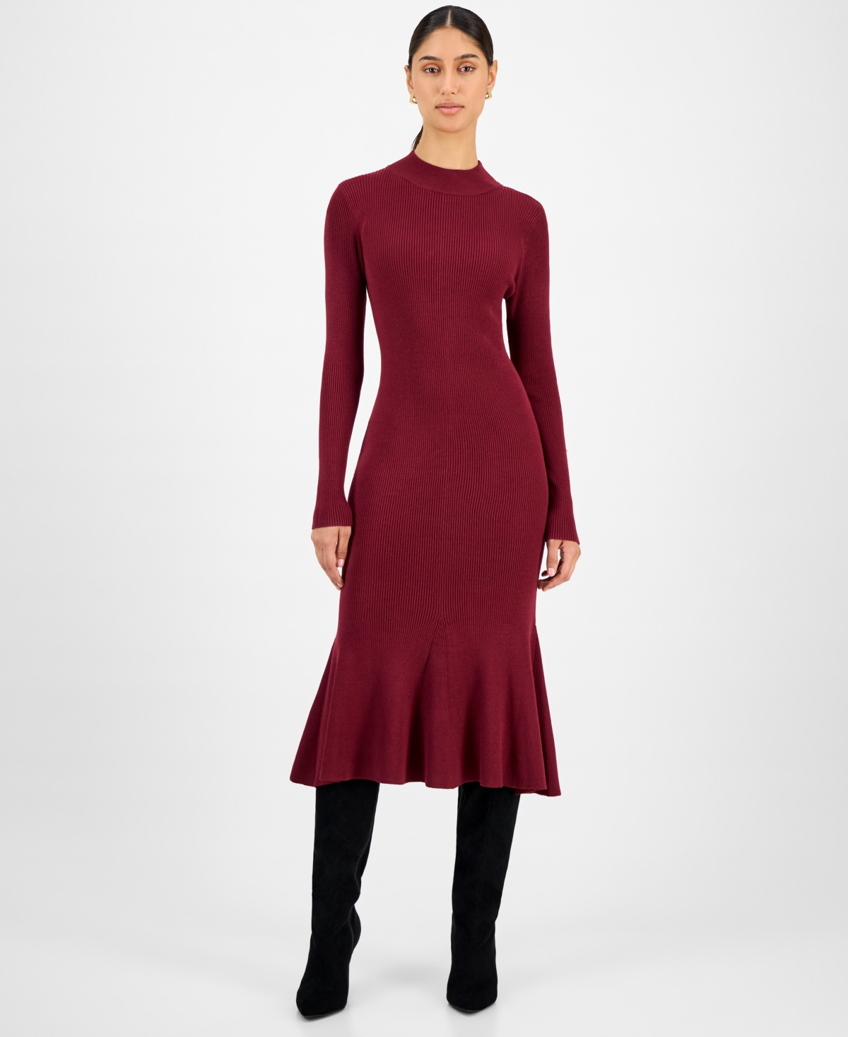 Click here for T Tahari Womens Long-Sleeve Ribbed Bodycon Flare D... prices