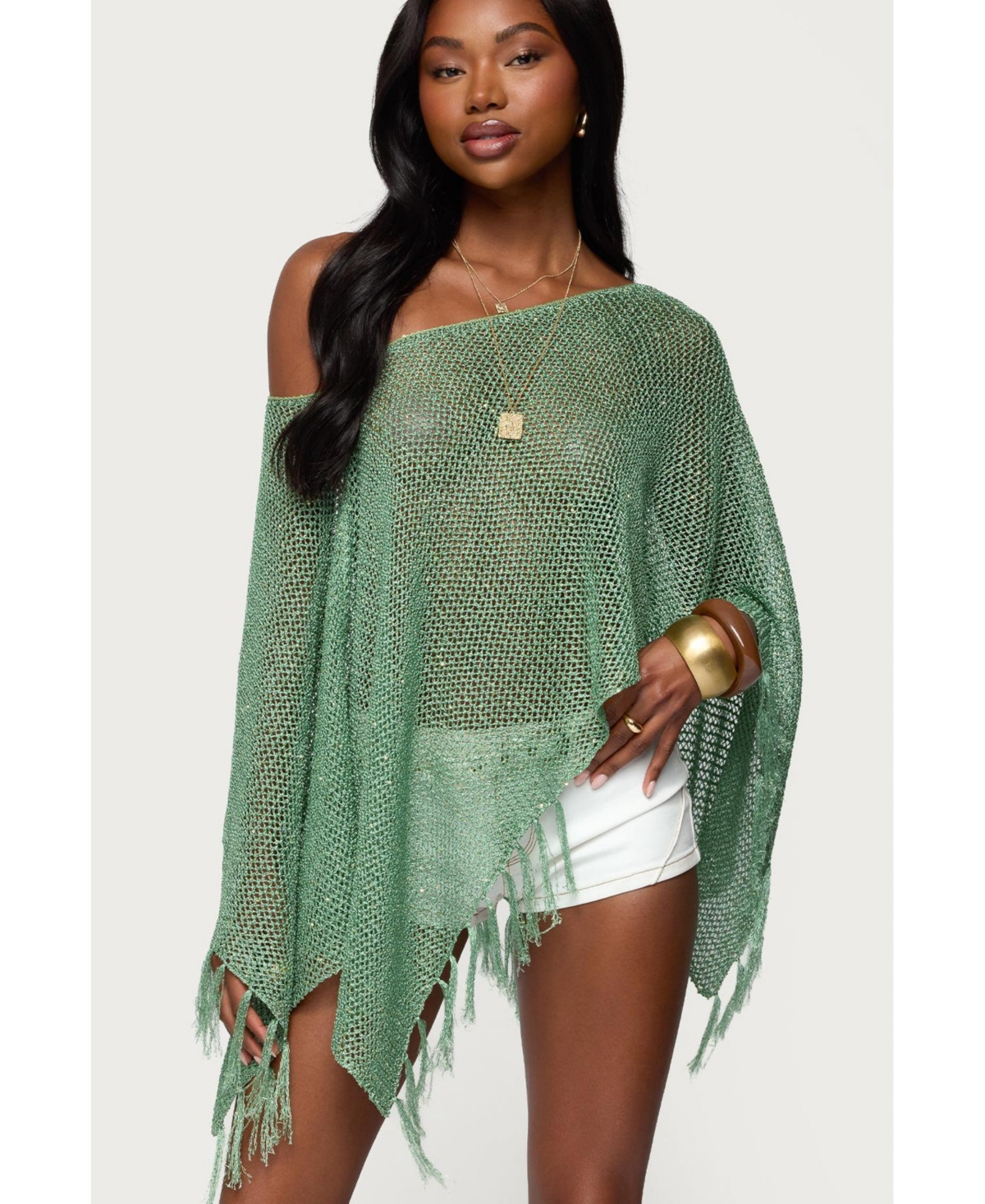 Click here for Edikted Womens Sequin Fringe Knit Poncho - Green prices
