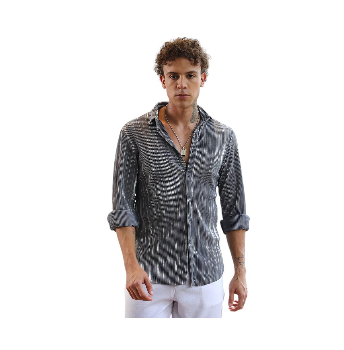 Click here for Campus Sutra Mens Icy Blue & Metallic Silver Pleat... prices