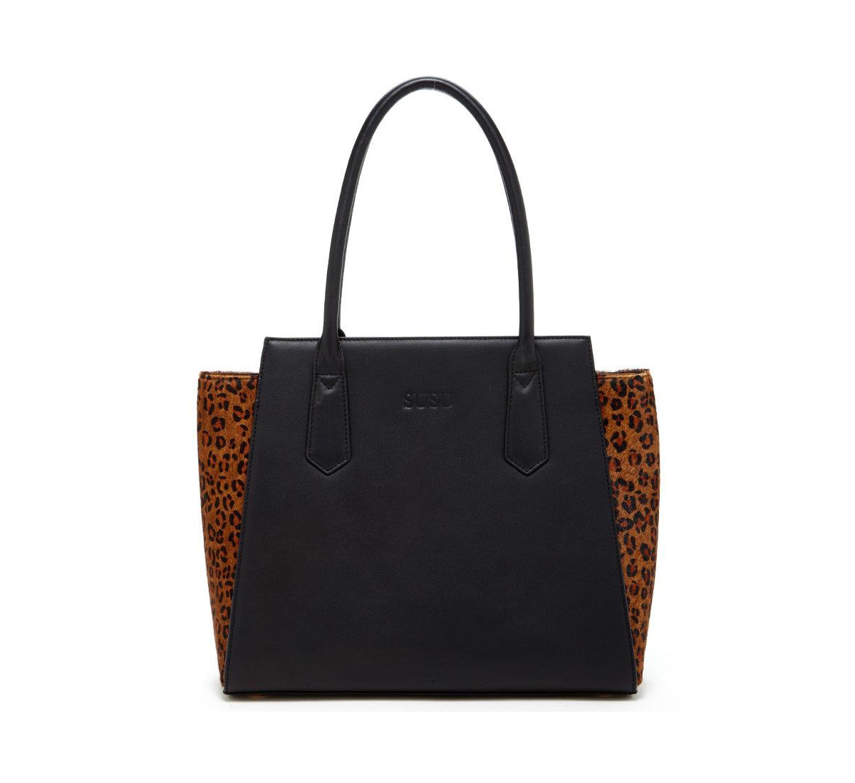 Click here for Susu Black Leather Tote Bag with Leopard Print Sid... prices