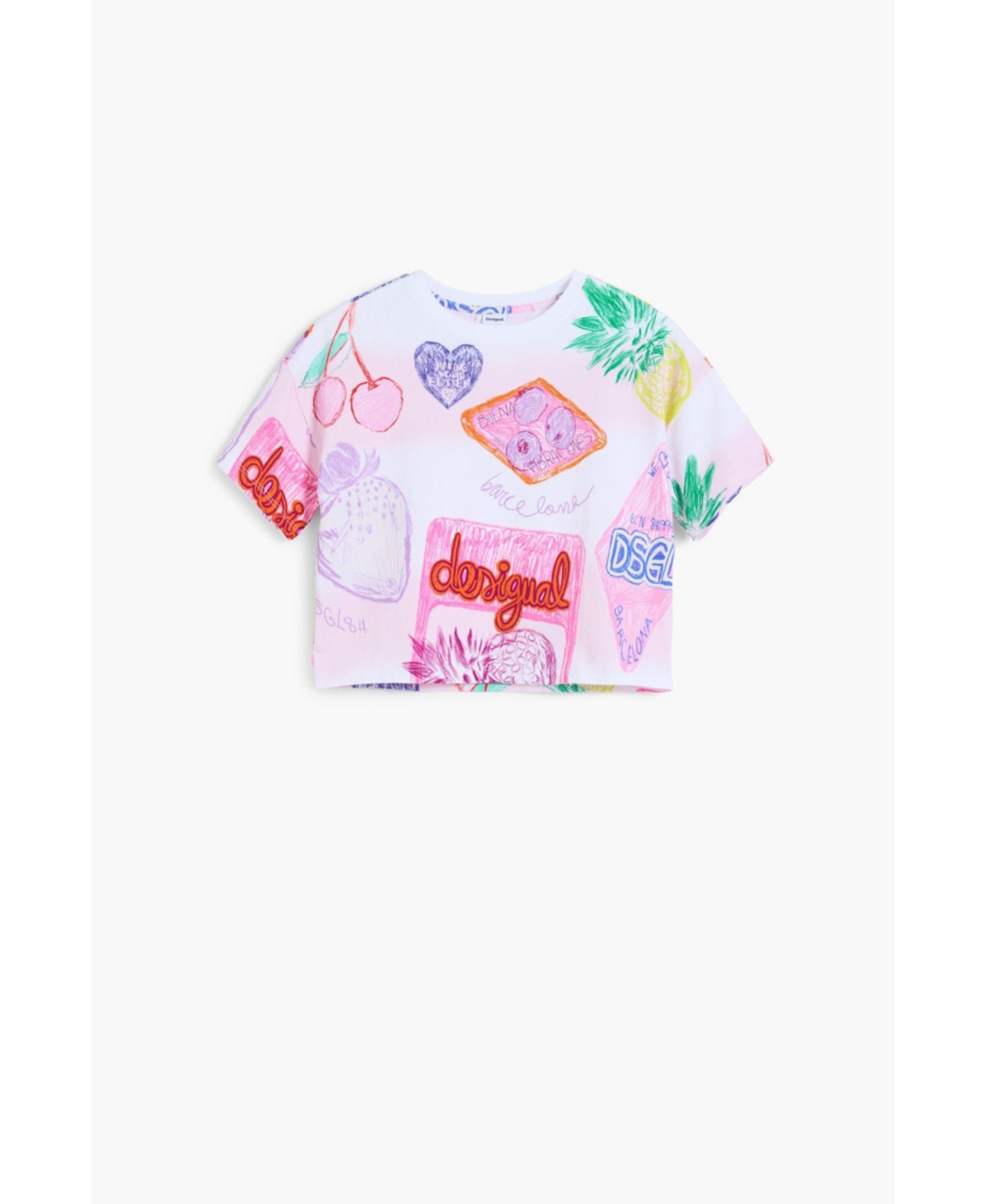 Click here for Desigual Girlss Cropped T-shirt with stamps - Whit... prices