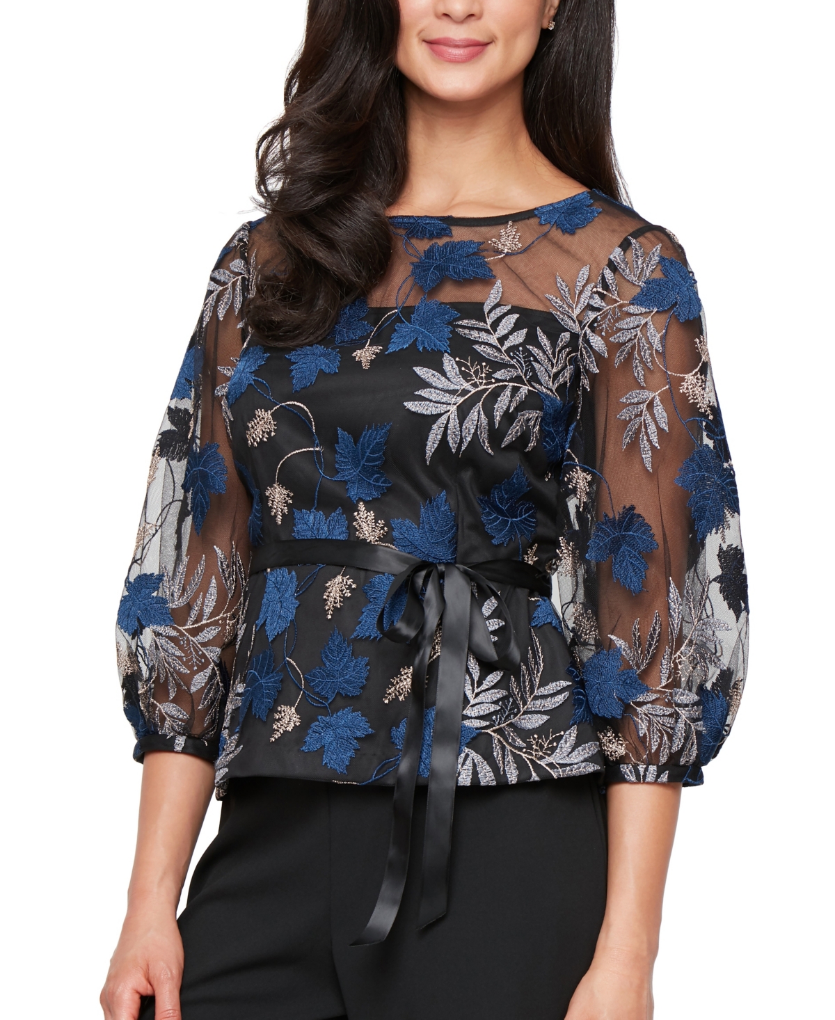 Click here for Alex Evenings Petite Embroidered Blouse - Black Ro... prices