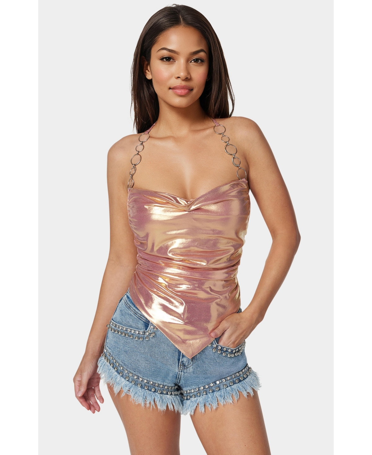 Click here for Bebe Metallic Handkerchief Top - Quartz pink prices