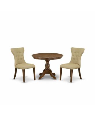 East West Furniture 3 Piece Kitchen Set Acacia Walnut Breakfast Table 2 Brown Linen Fabric Kitchen Dining Room Chairs Button Tufted Back With Nail Hea