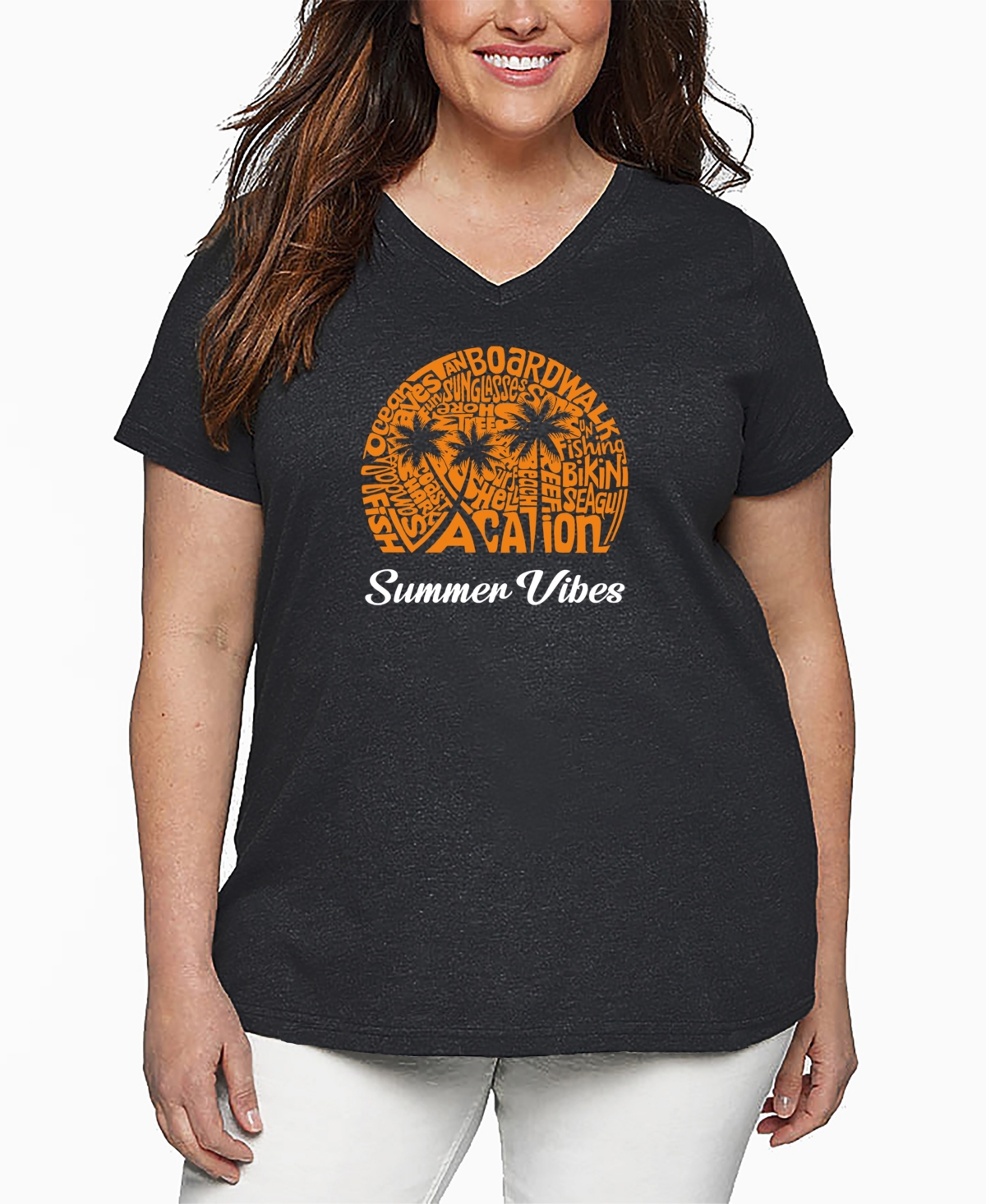 Click here for La Pop Art Plus Size Summer Vibes Word Art V-Neck... prices