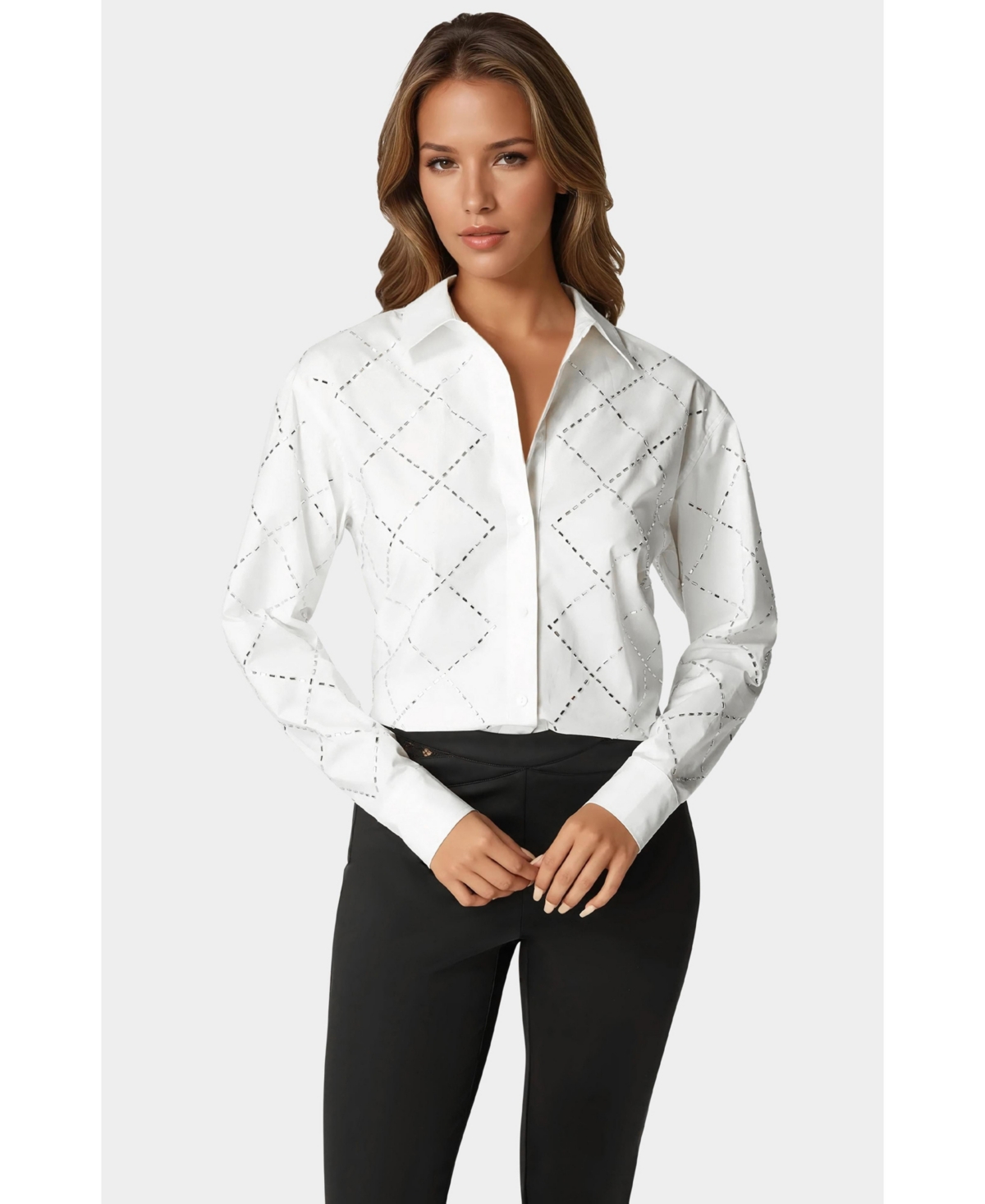 Click here for Bebe Rhinestone Long Sleeve Blouse - White alyssum prices