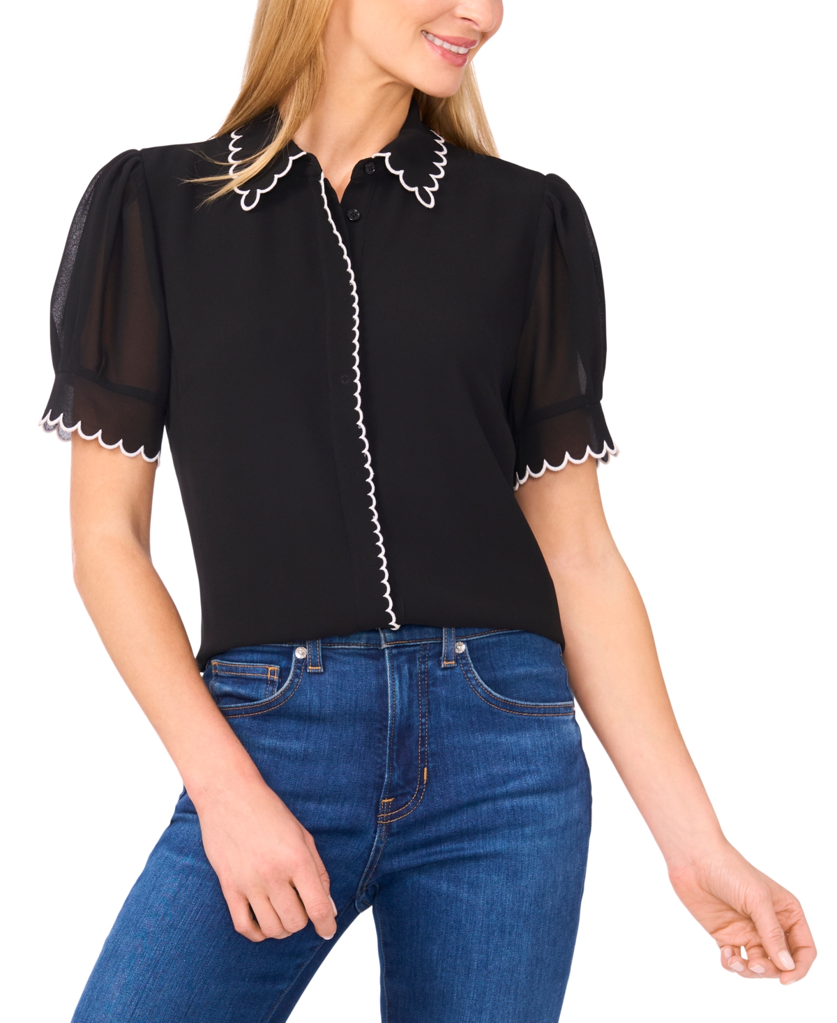 Click here for CeCe Womens Scallop Contrast Trim Button Up Top -... prices