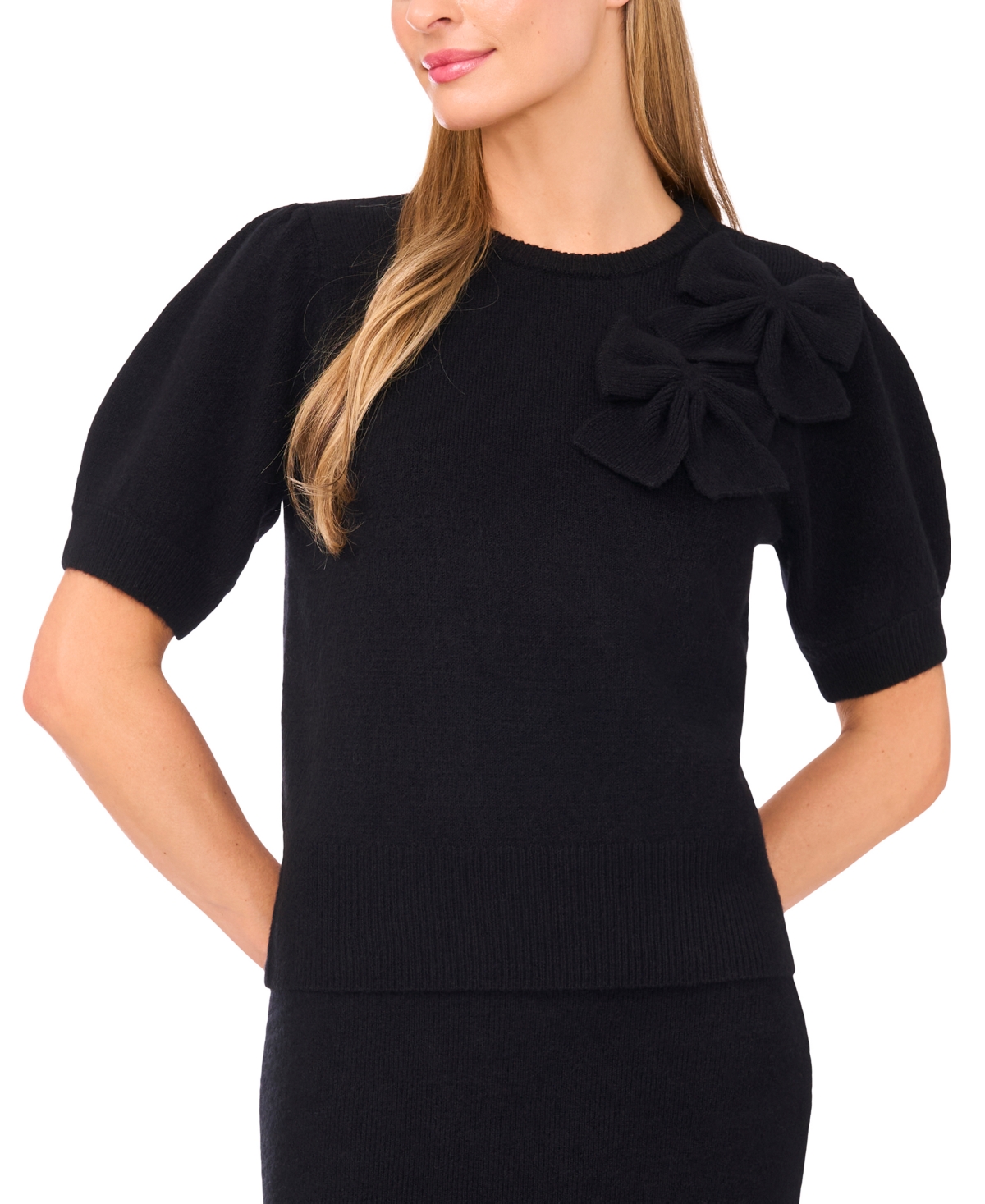 CeCe Womens Ribbon Crewneck Short-Sleeve Sweater - Rich Black