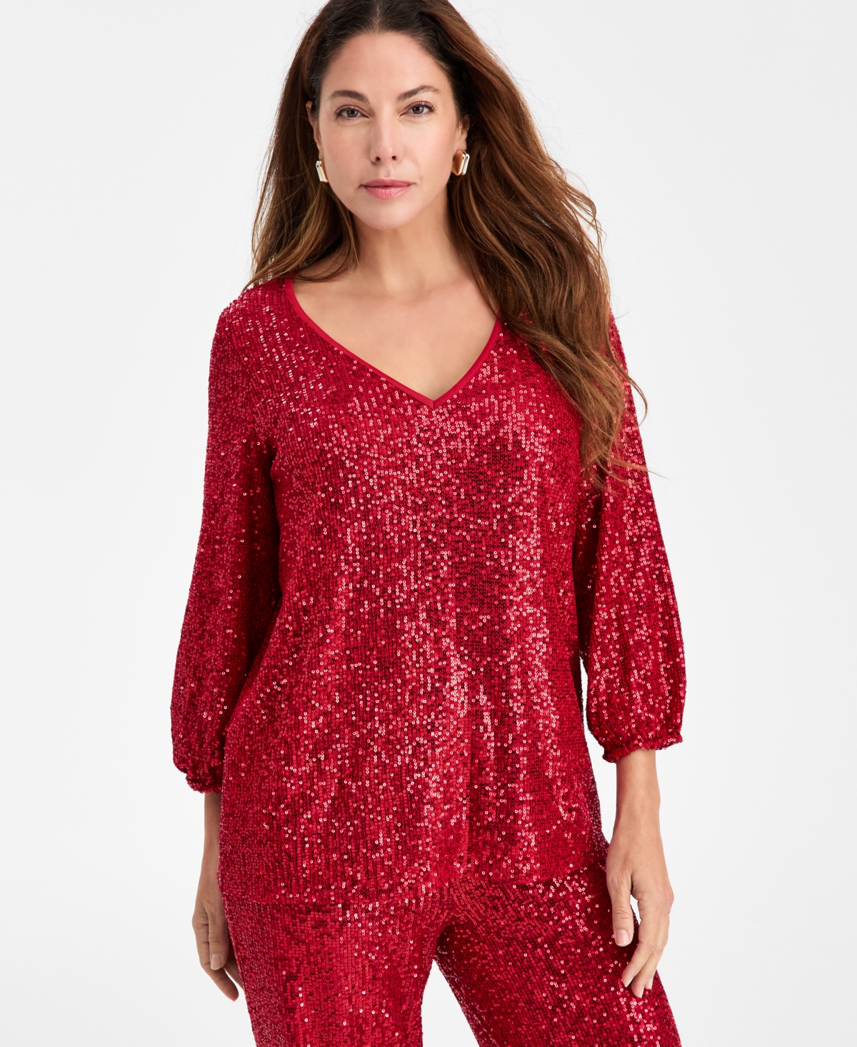 Click here for Jm Collection Womens Sequinned 3/4-Sleeve Top  Mac... prices
