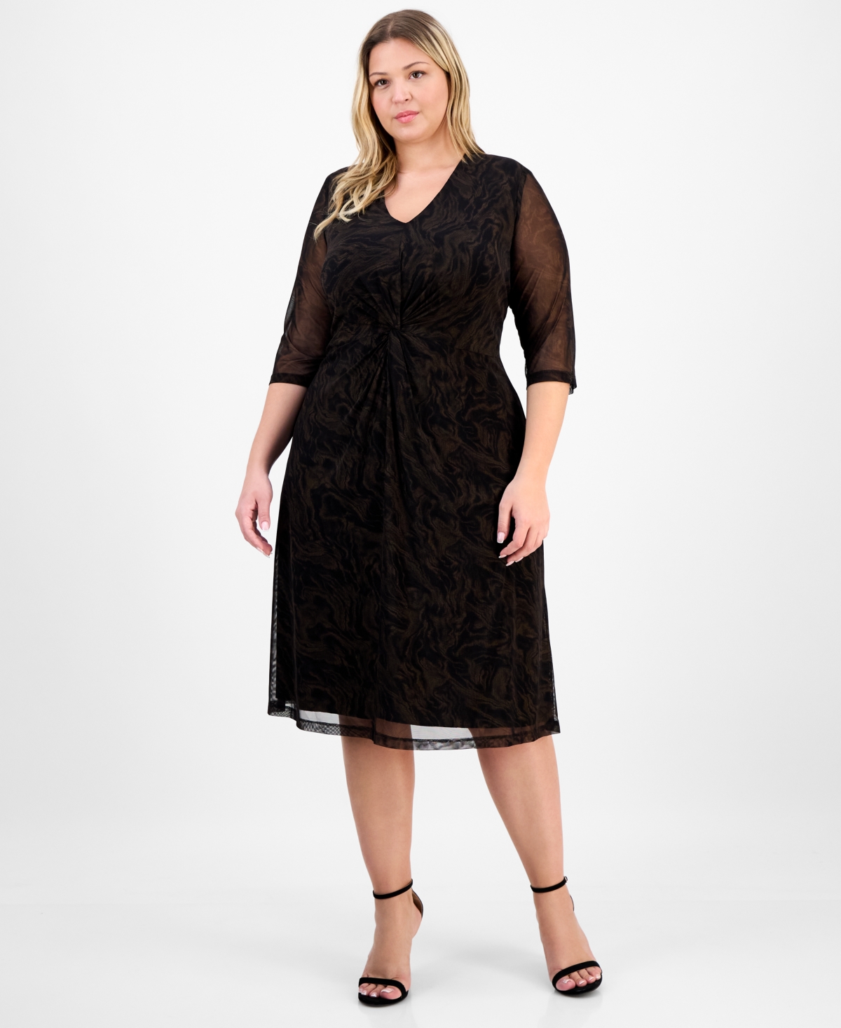 Click here for Connected Plus Size V-Neck Mesh Elbow-Sleeve Dress... prices