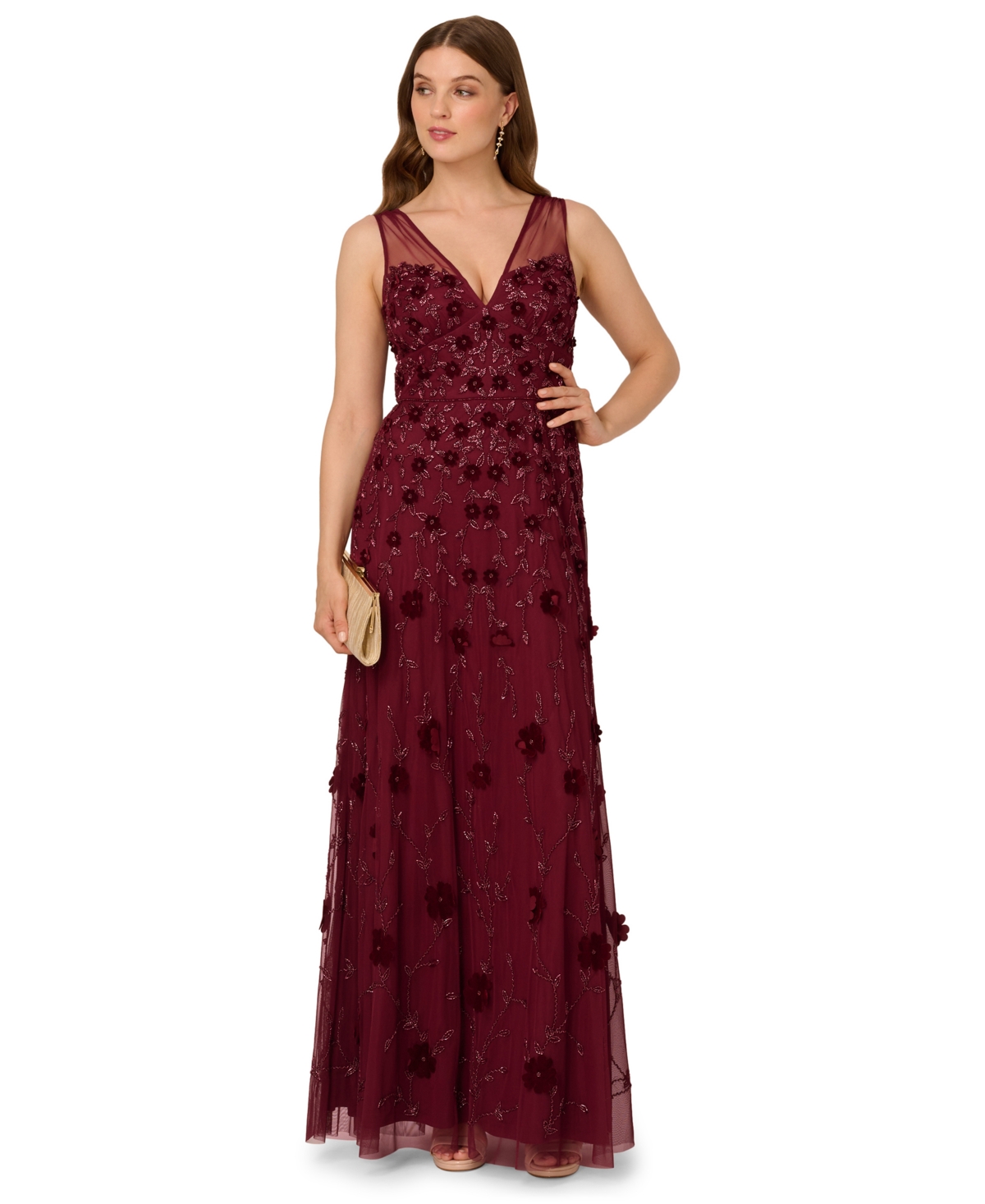 Click here for Adrianna Papell Womens Beaded Floral Gown - Mahoga... prices