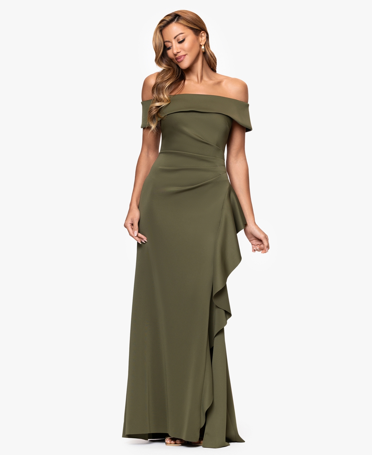 Click here for Xscape Womens Off-The-Shoulder Ruffled Side-Slit G... prices