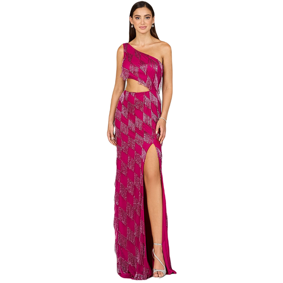 Click here for Lara Womens One Shoulder Fringe Gown - Raspberry prices