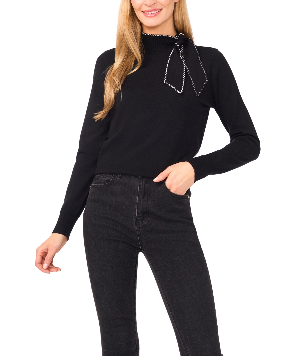 Click here for CeCe Womens Scarf Tie Neck Sweater - Rich Black prices