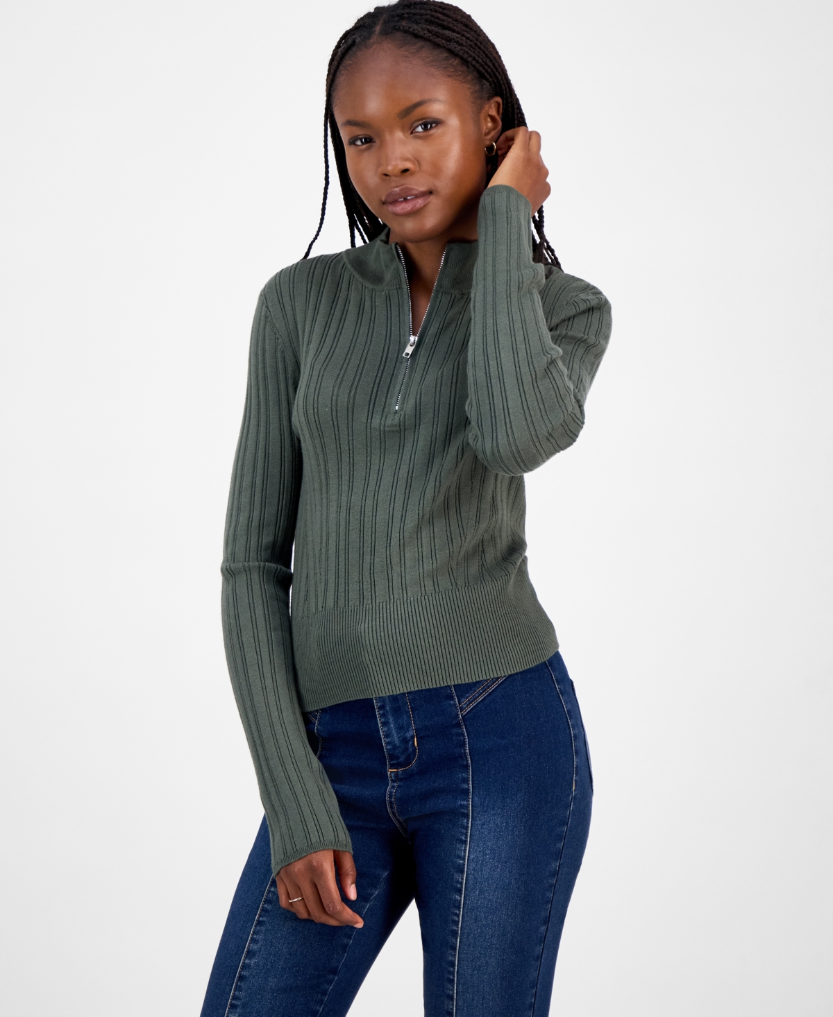 Hooked Up by Iot Juniors Variegated Rib-Knit Half-Zip Sweater - Thyme