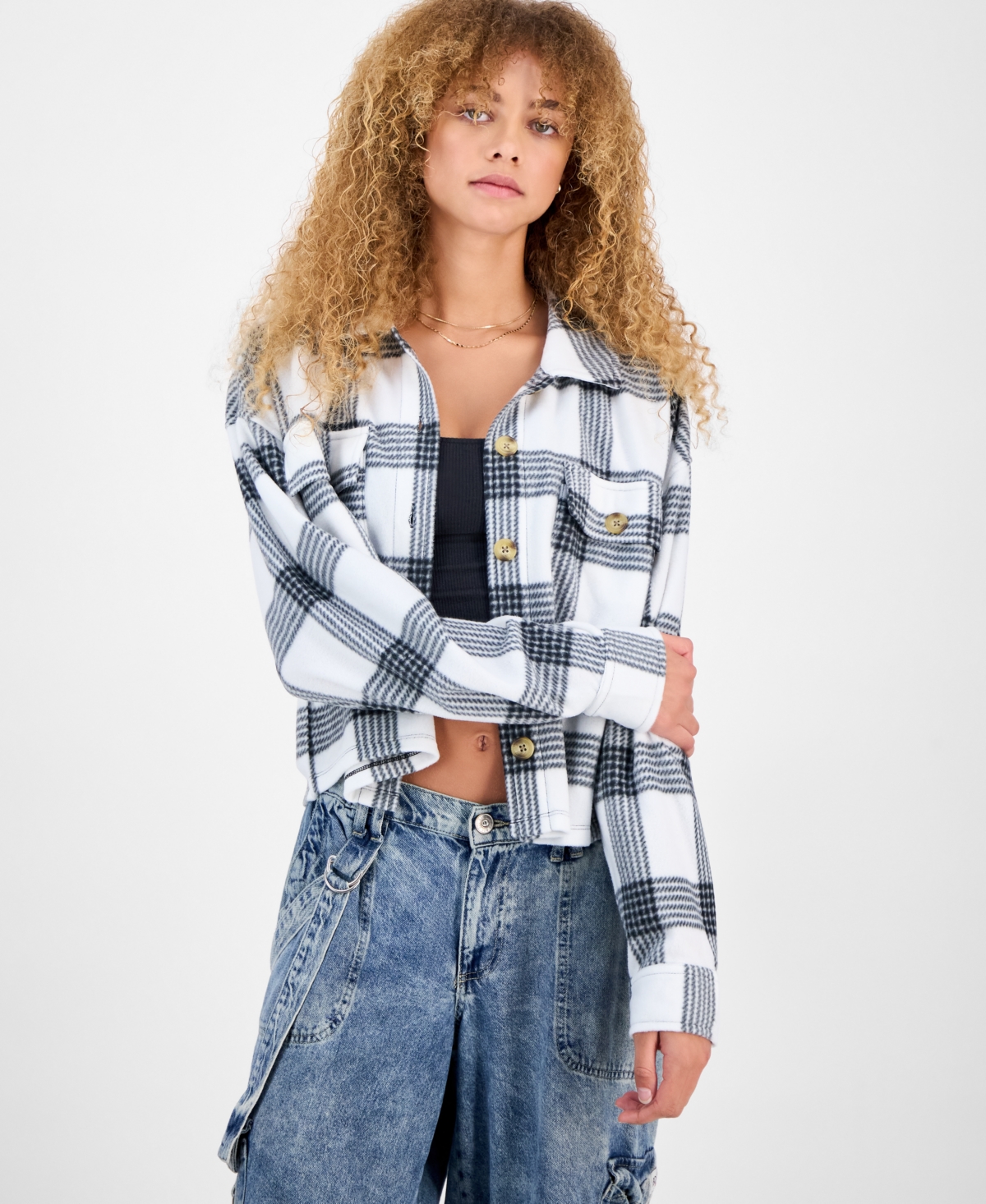 Click here for Just Polly Juniors Plaid Chest-Pocket Shacket - Iv... prices