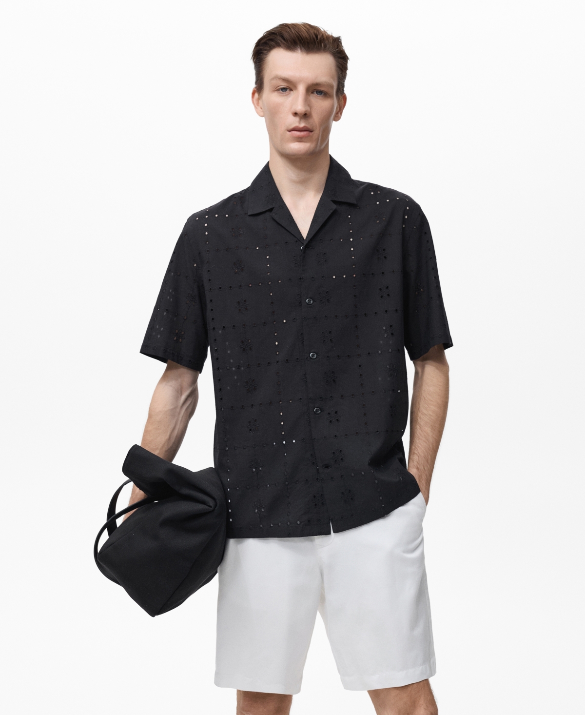 Click here for Mango Mens Embroidered Eyelet Details Shirt - Blac... prices