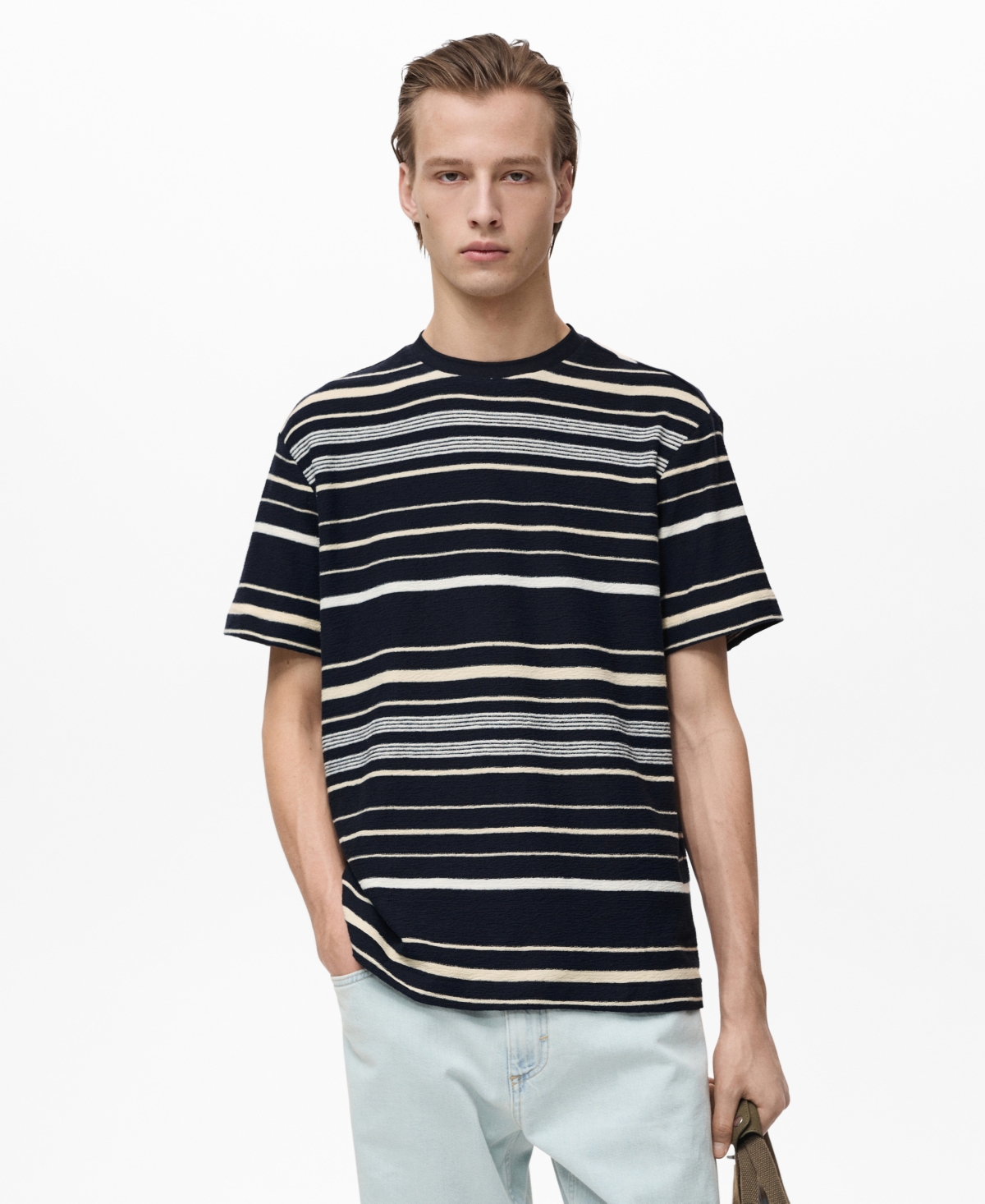 Click here for Mango Mens Cotton Regular-Fit Striped T-Shirt - Da... prices