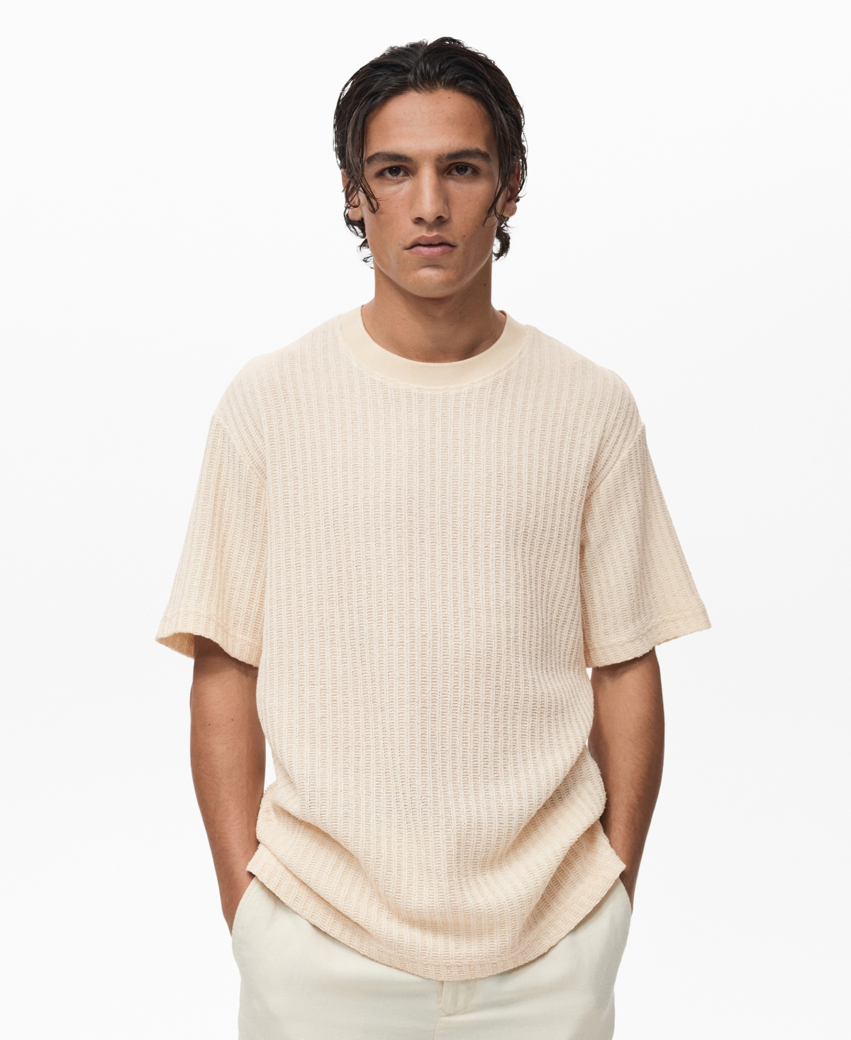 Click here for Mango Mens Ribbed Knit T-Shirt - Ivory White prices