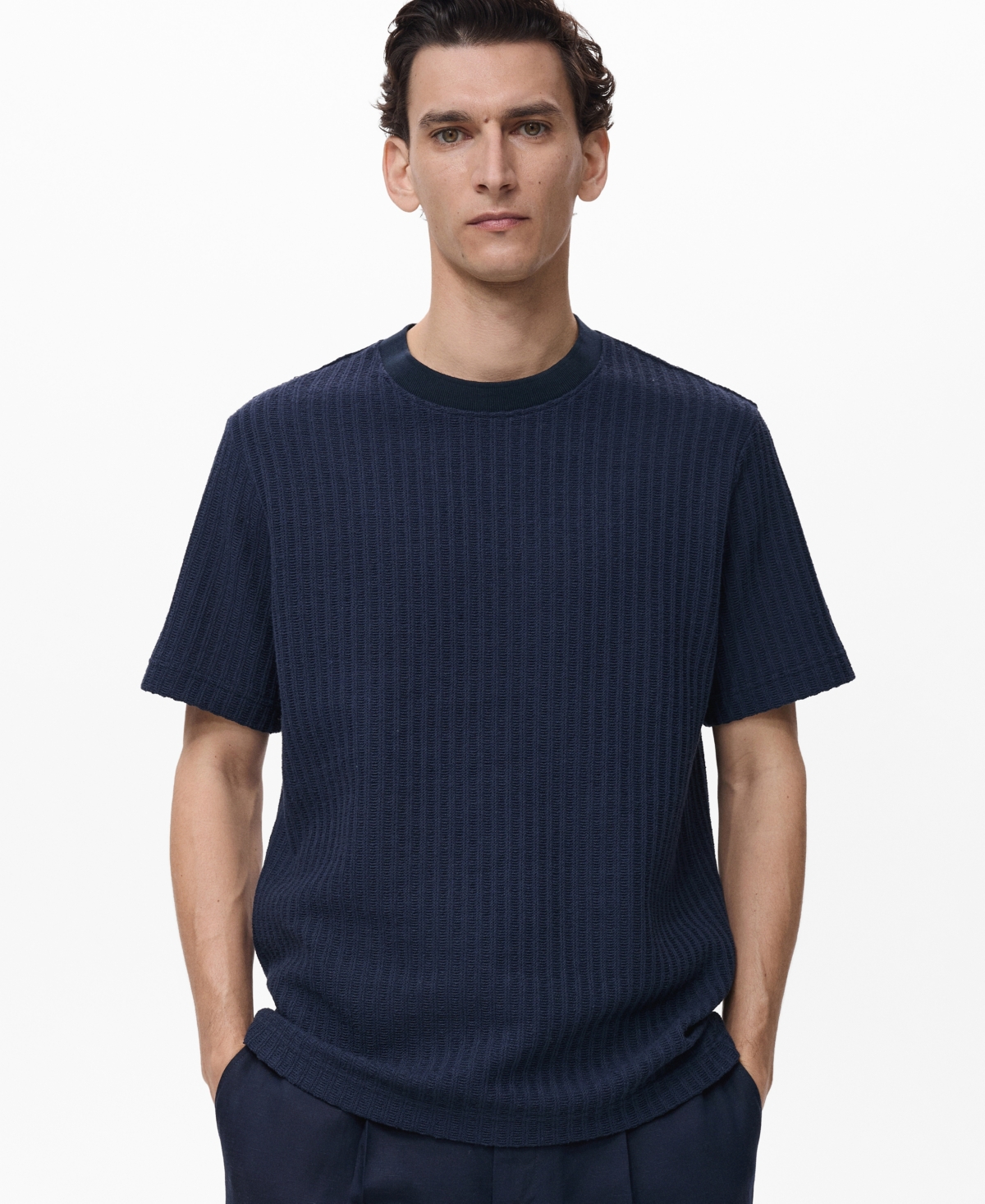 Click here for Mango Mens Ribbed Knit T-Shirt - Ink Blue prices
