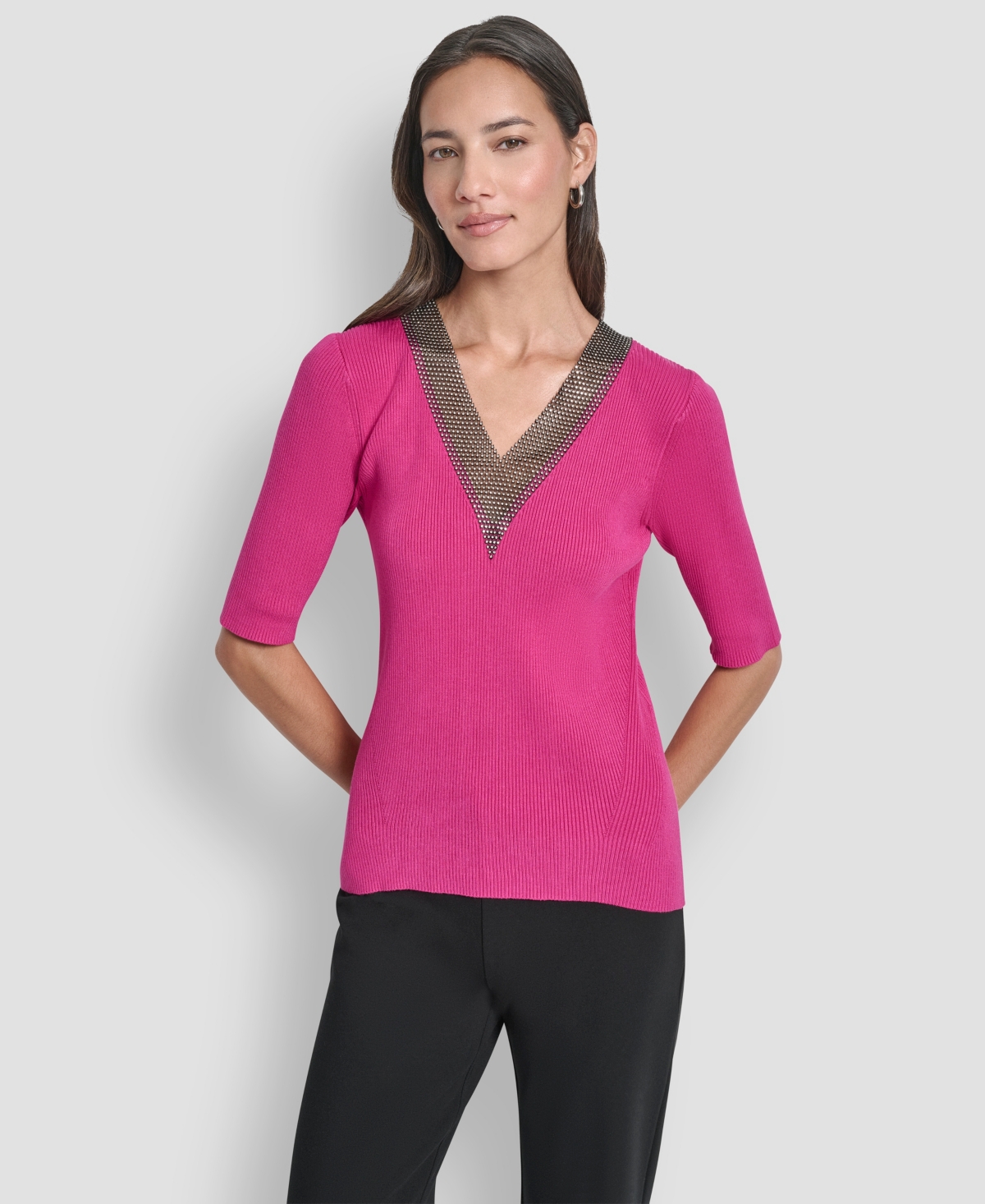 Click here for Dkny Womens Embellished-Neck Half-Sleeve Ribbed Sw... prices