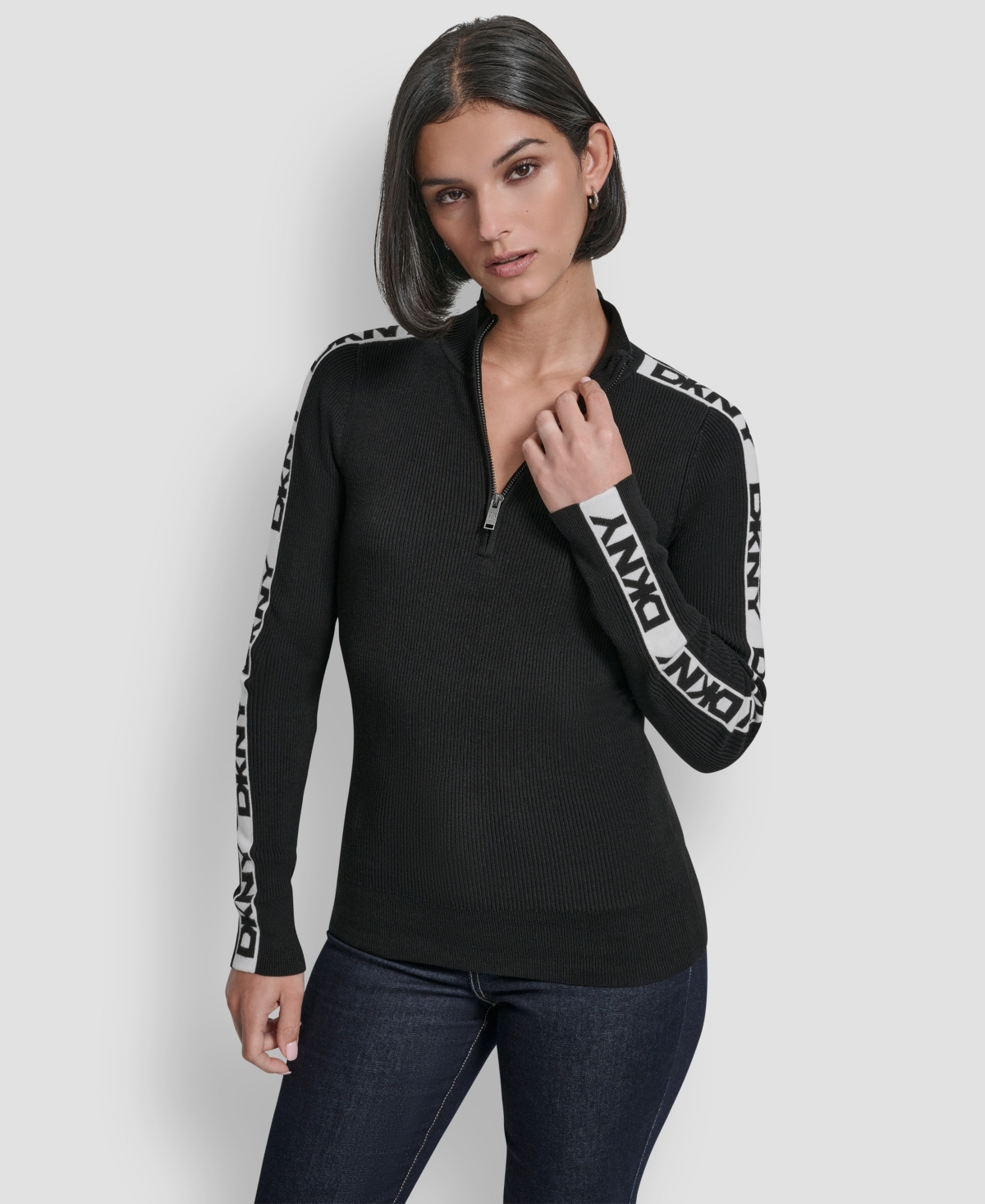 Click here for Dkny Womens Quarter Zip Mock Neck Sweater - Black prices