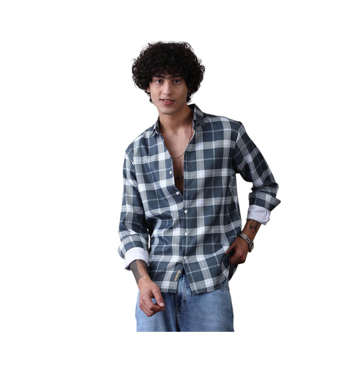 Click here for Campus Sutra Mens Tartan Plaid Shirt - Grey prices