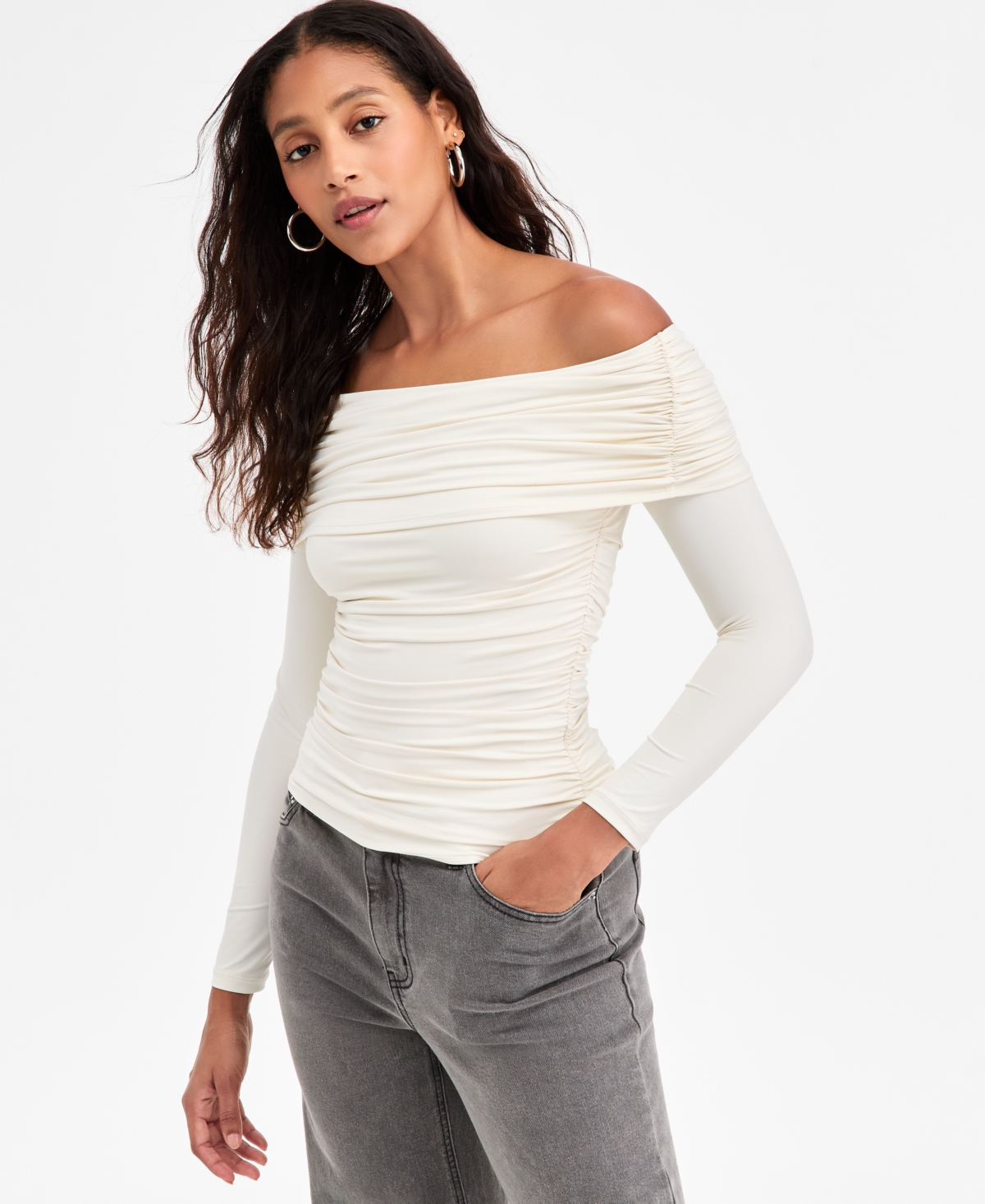 Click here for Bar Iii Womens Off-The-Shoulder Ruched Knit Top  M... prices