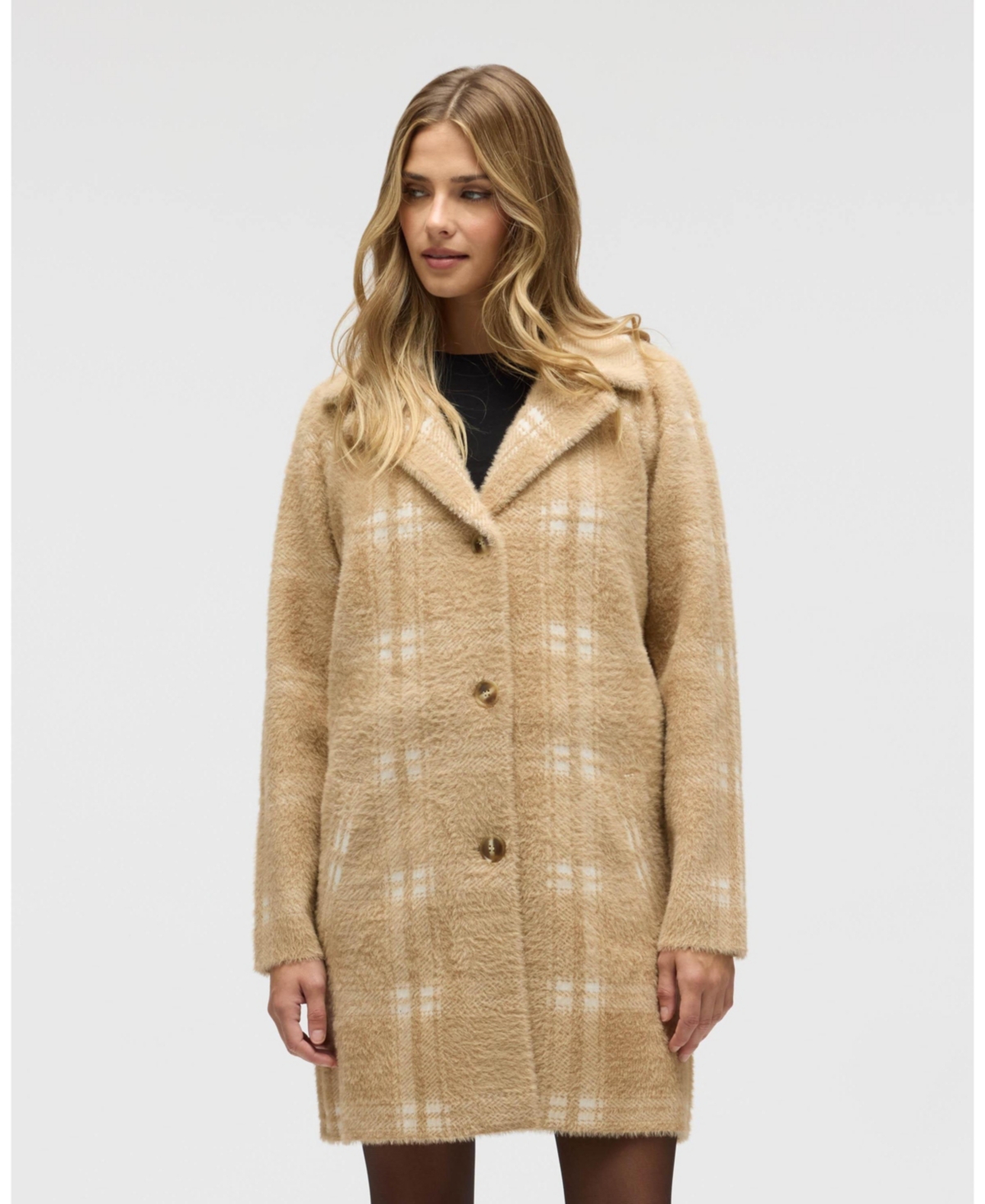 Click here for Nvlt Womens Plaid Pattern Eyelash Coatigan - Camel... prices