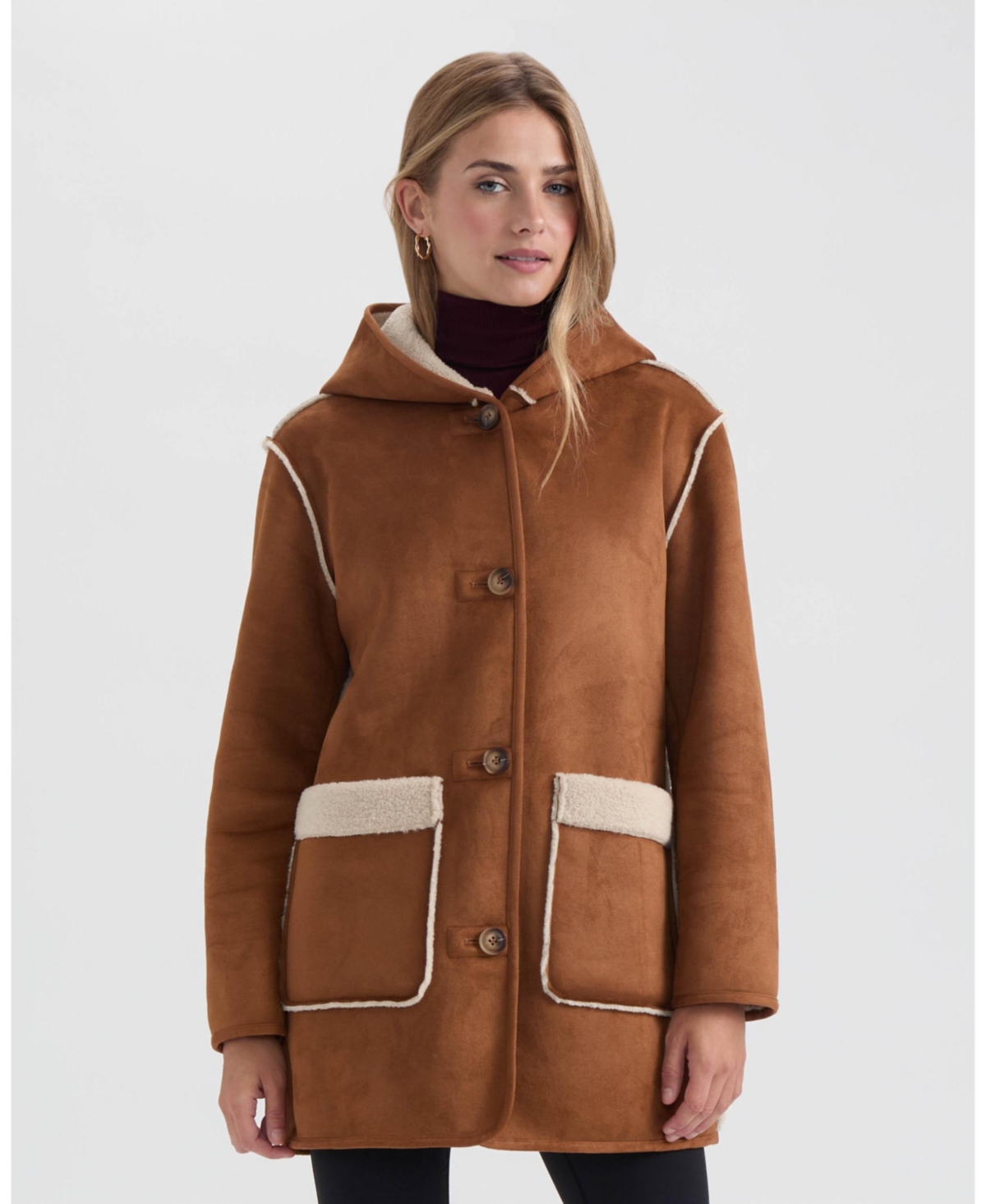Click here for Ellen Tracy Womens Hooded Shearling Coat - Luggage prices