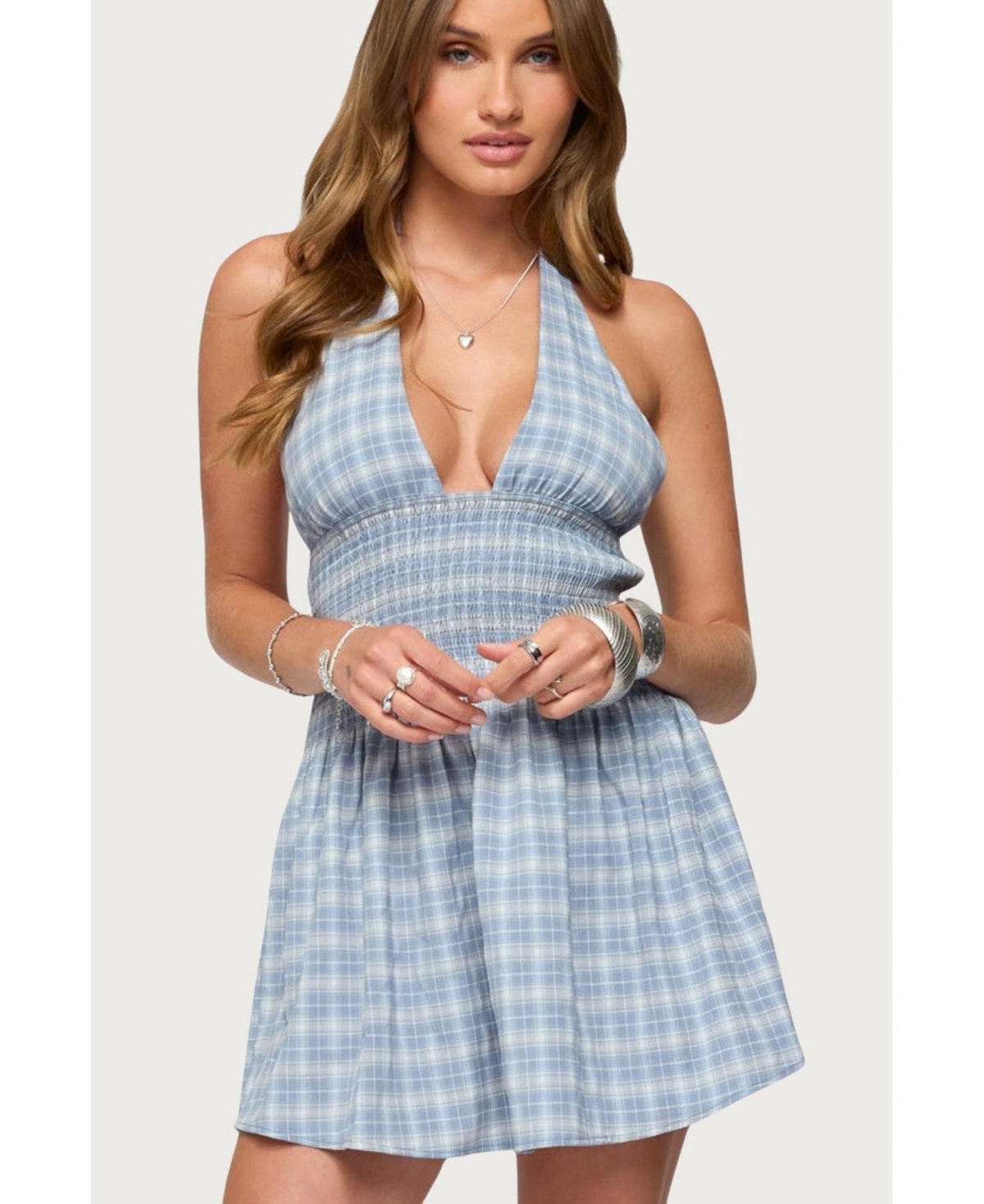 Click here for Edikted Womens Plaid Smocked Halter Mini Dress - B... prices