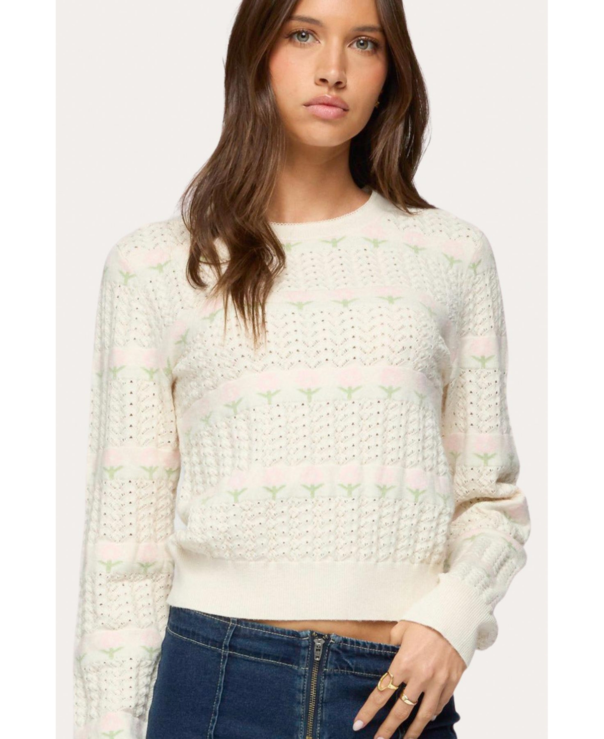 Click here for Edikted Womens Emerie Flower Textured Knit Sweater... prices