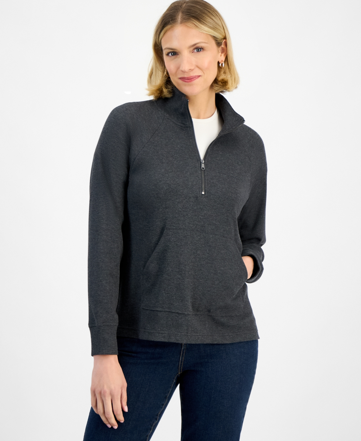 Click here for Style & Co Womens Waffle-Knit Quarter Zip Top  Mac... prices