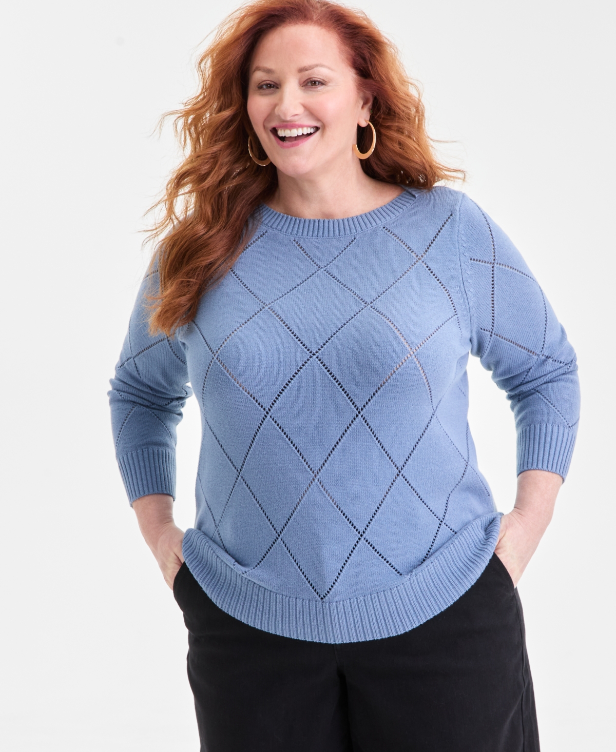 Style & Co Plus Size Pointelle Boat-Neck Sweater  Macys Exclusive - Militia Blue