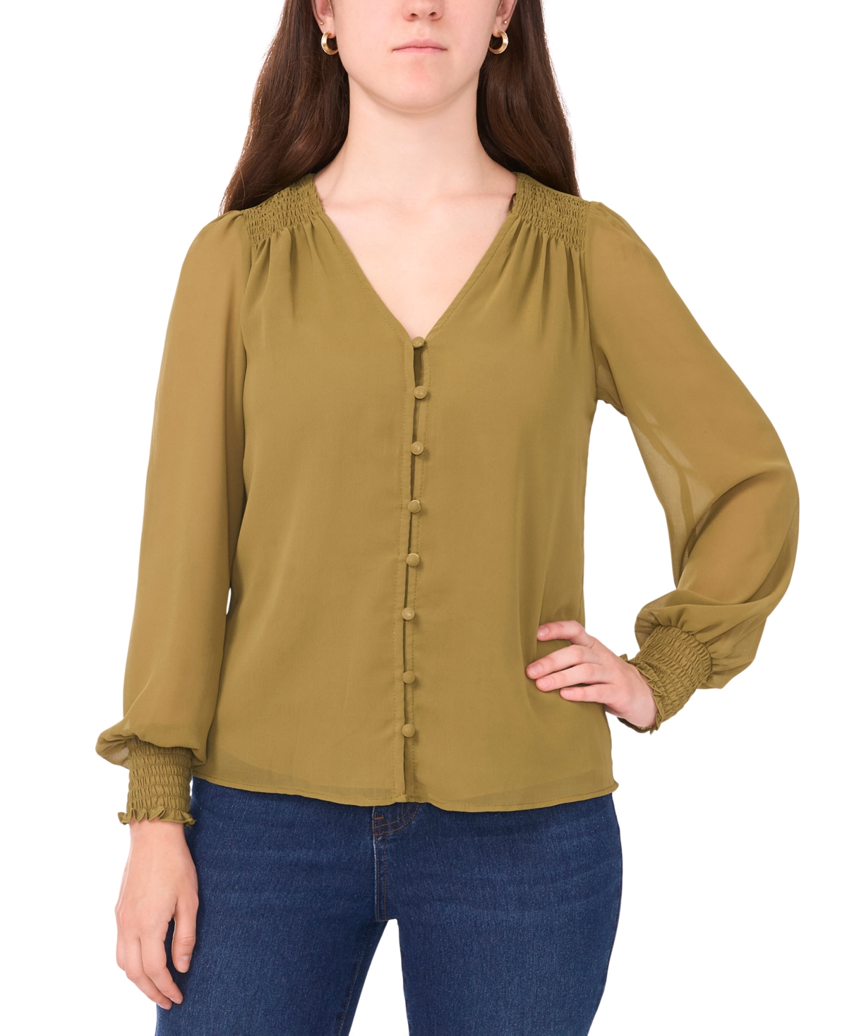 Click here for Sam & Jess Petite V-Neck Smocked-Shoulder Blouse -... prices