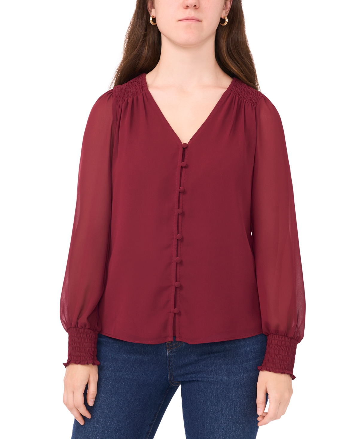 Click here for Sam & Jess Petite V-Neck Smocked-Shoulder Blouse -... prices