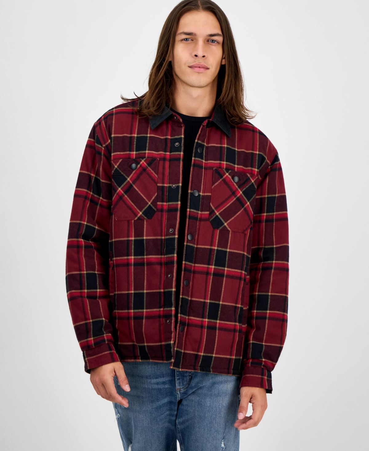 Click here for Sun + Stone Mens Gurley Long Sleeve Snap-Front Pla... prices