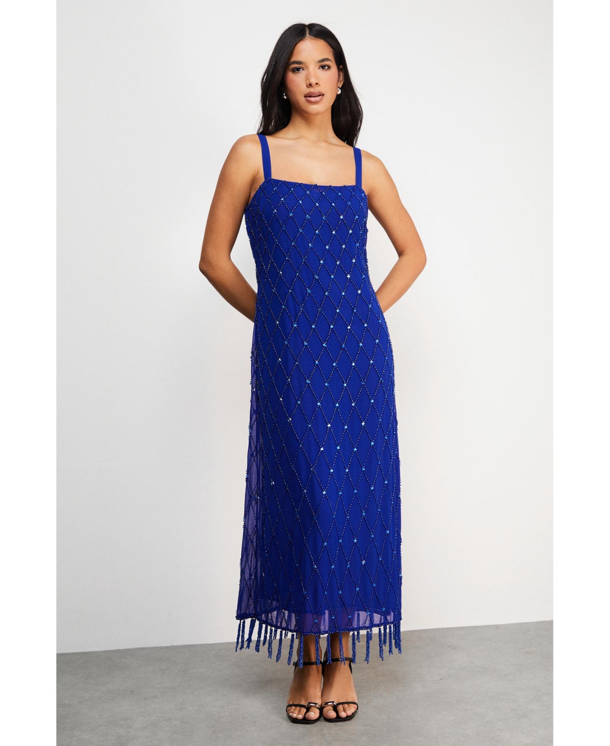 Click here for Warehouse Hand Embellished Fringe Hem Midi Dress -... prices
