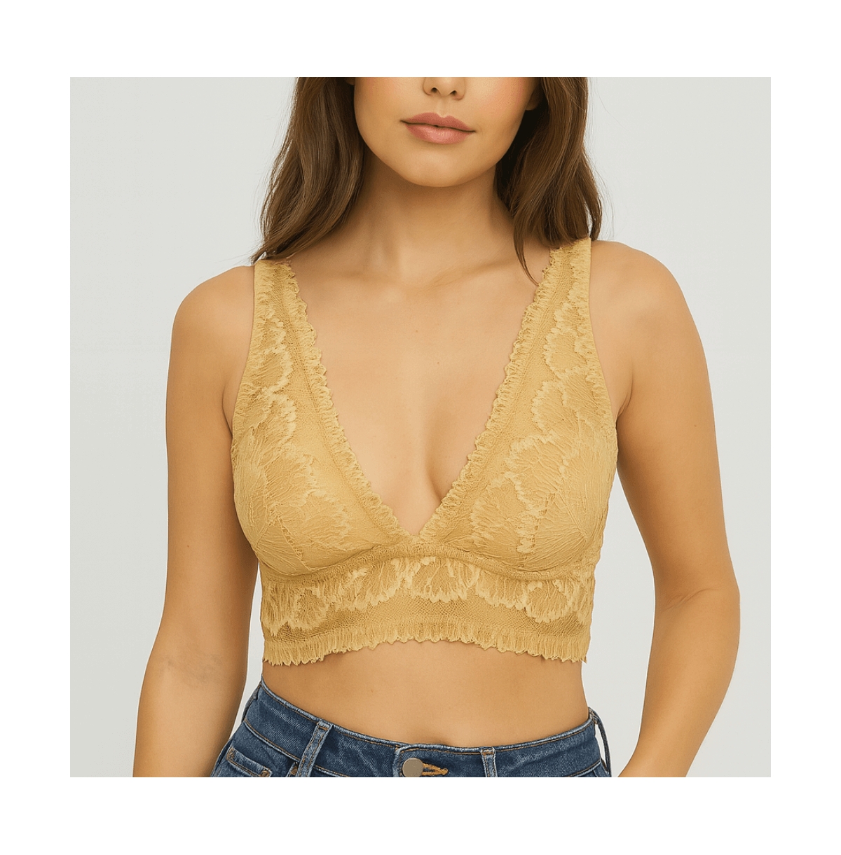 Click here for Meadow Womens Lily Soft Lace Bralette - Buff prices