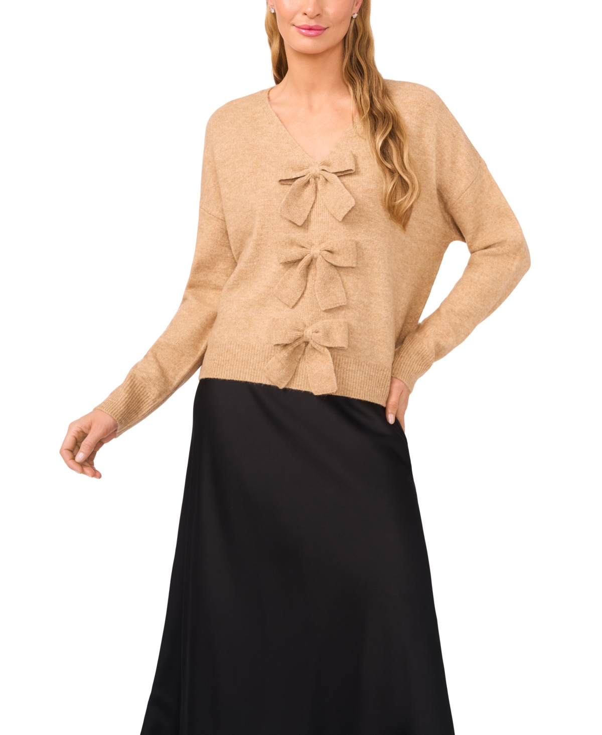 Click here for CeCe Womens Bow Detail V-Neck Sweater - Latte Heat... prices