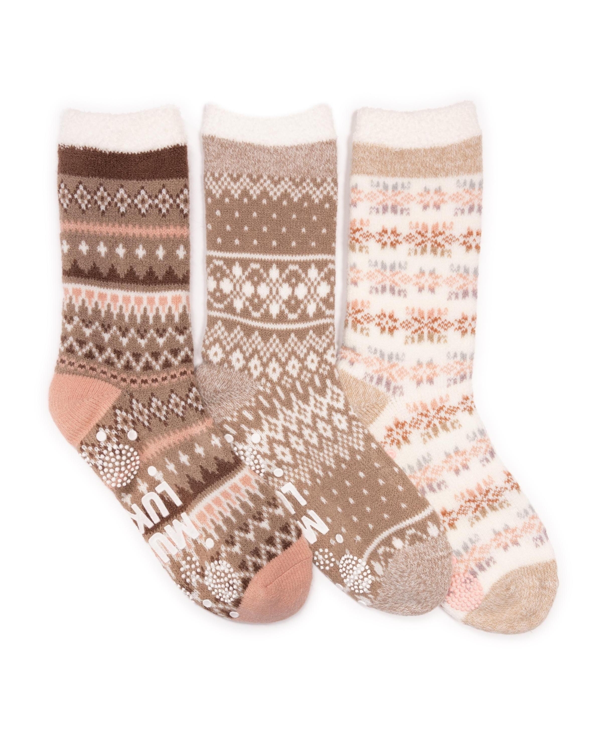 Muk Luks Womens Tall Cozy Lined Lounge Sock 3 Pack - Pink/brown pack