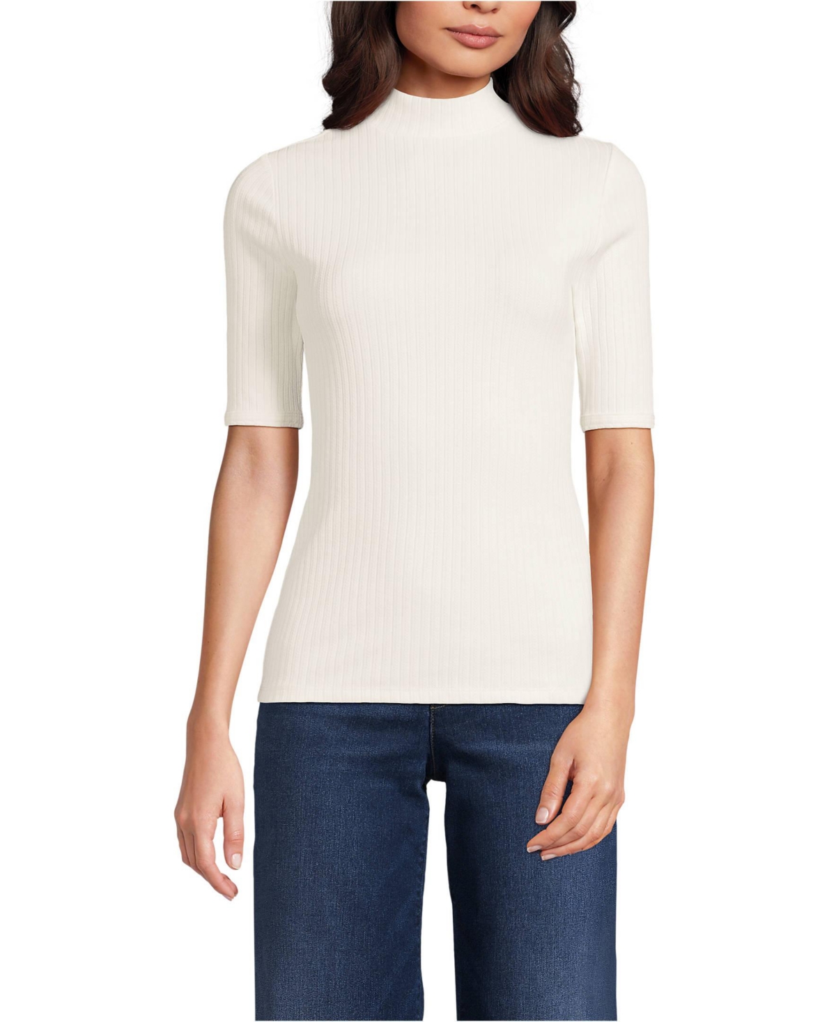 Click here for Lands End Womens Elbow Sleeve Pointelle Rib Mock N... prices