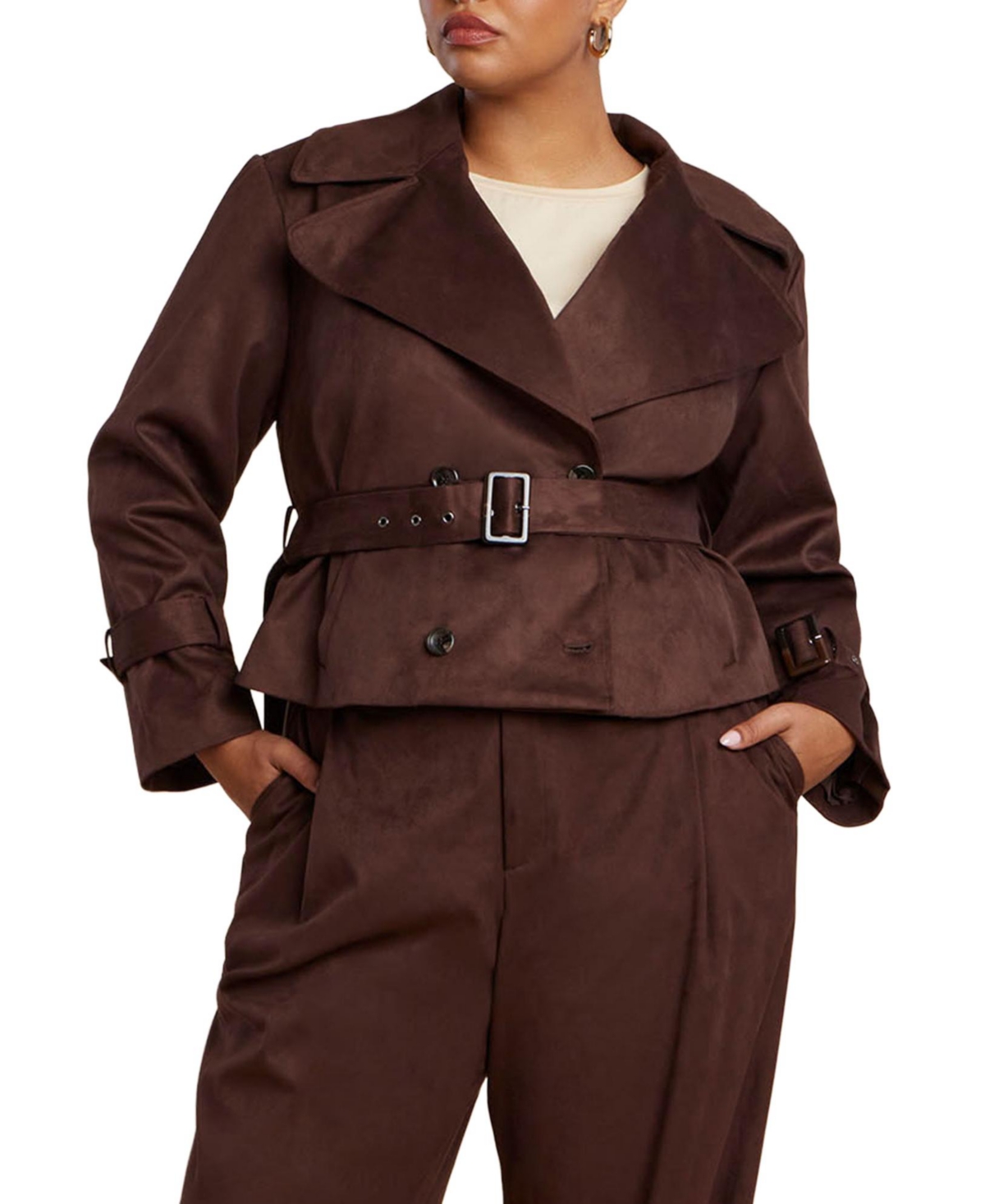 Click here for Eloquii Womens Plus Size Cropped Faux Suede Trench... prices