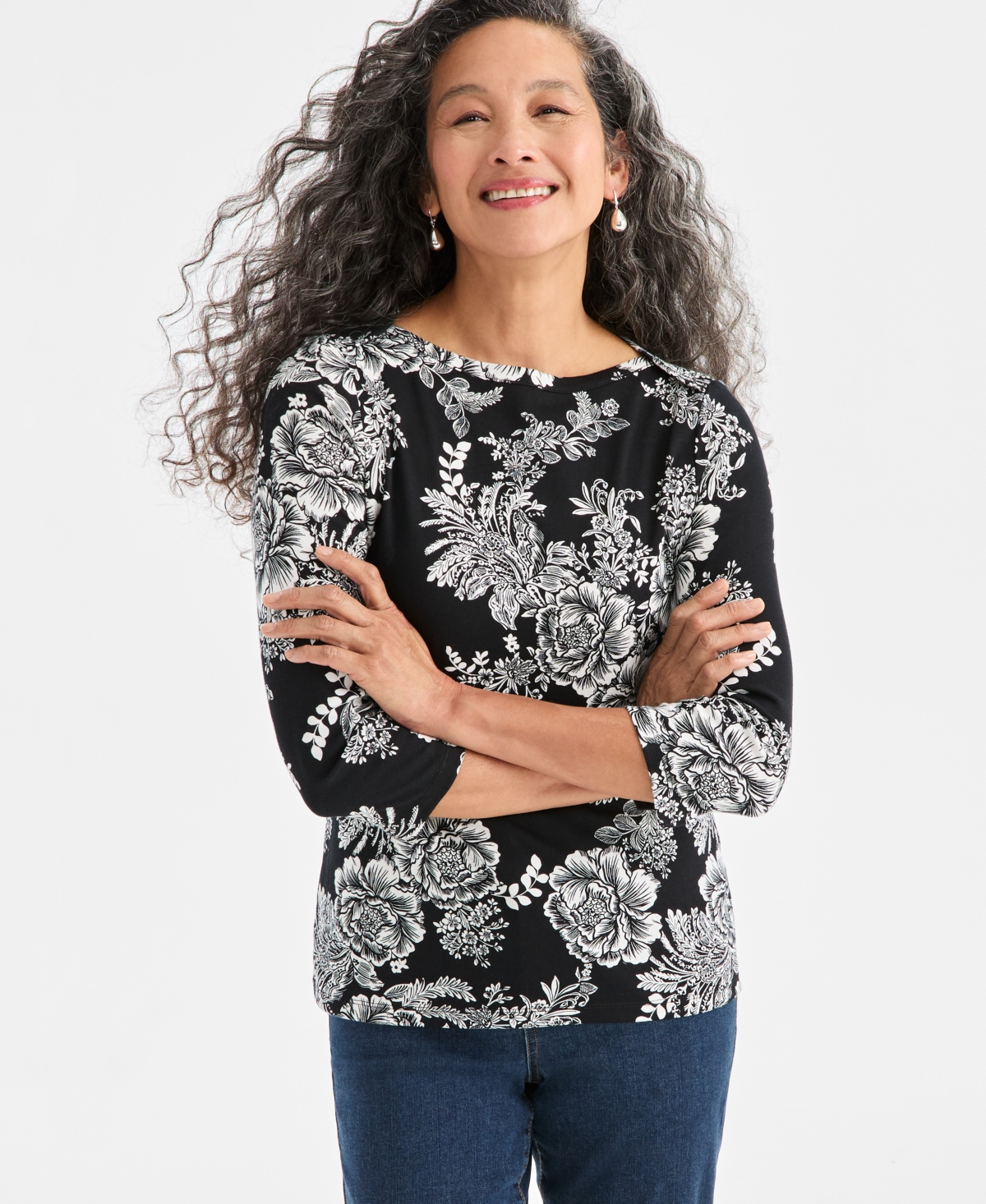 Click here for Style & Co Petite Holiday Floral 3/4-Sleeves Top... prices