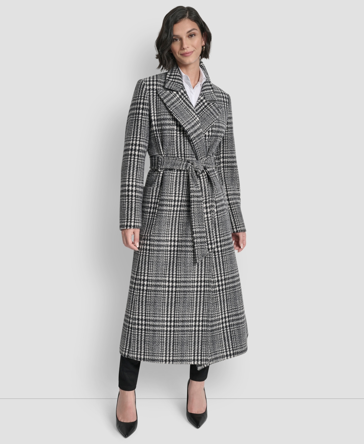 Dkny Womens Notch Collar Belted Wrap Coat - Herringbone Black White