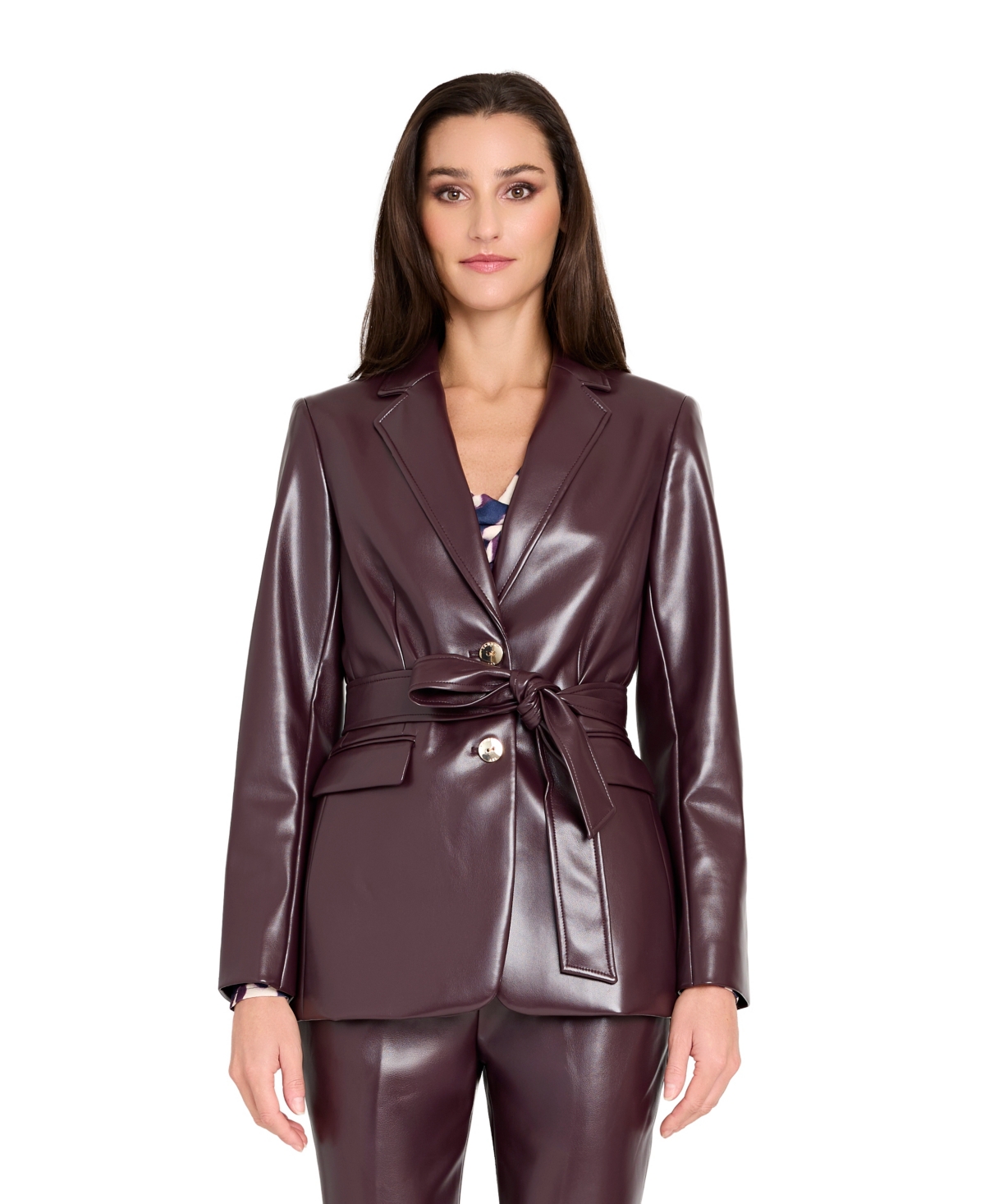 Tahari Asl Womens Long Sleeve Belted Jacket - Plum