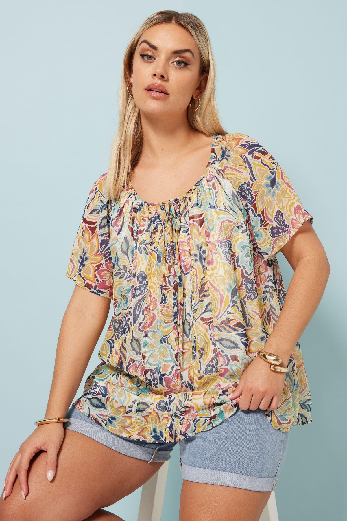Yours Womens Curve Yellow Floral Print Pintuck Tie Neck Blouse