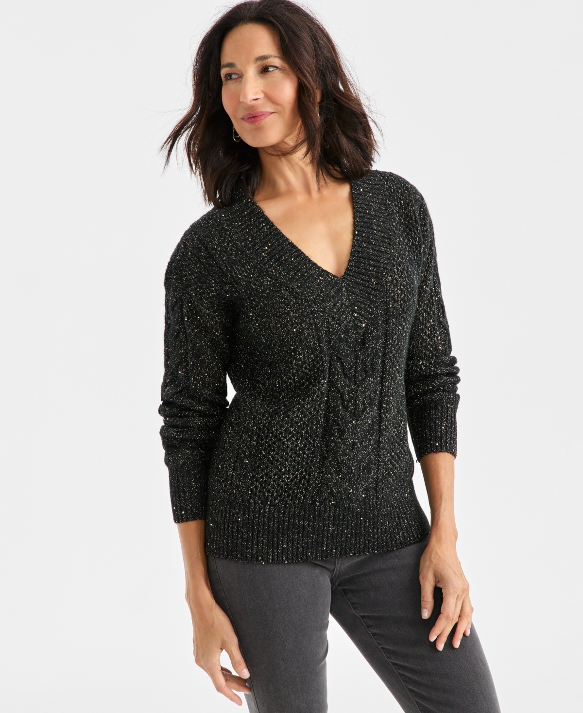 Click here for Style & Co Womens Sequin V-Neck Cable-Knit Pullove... prices