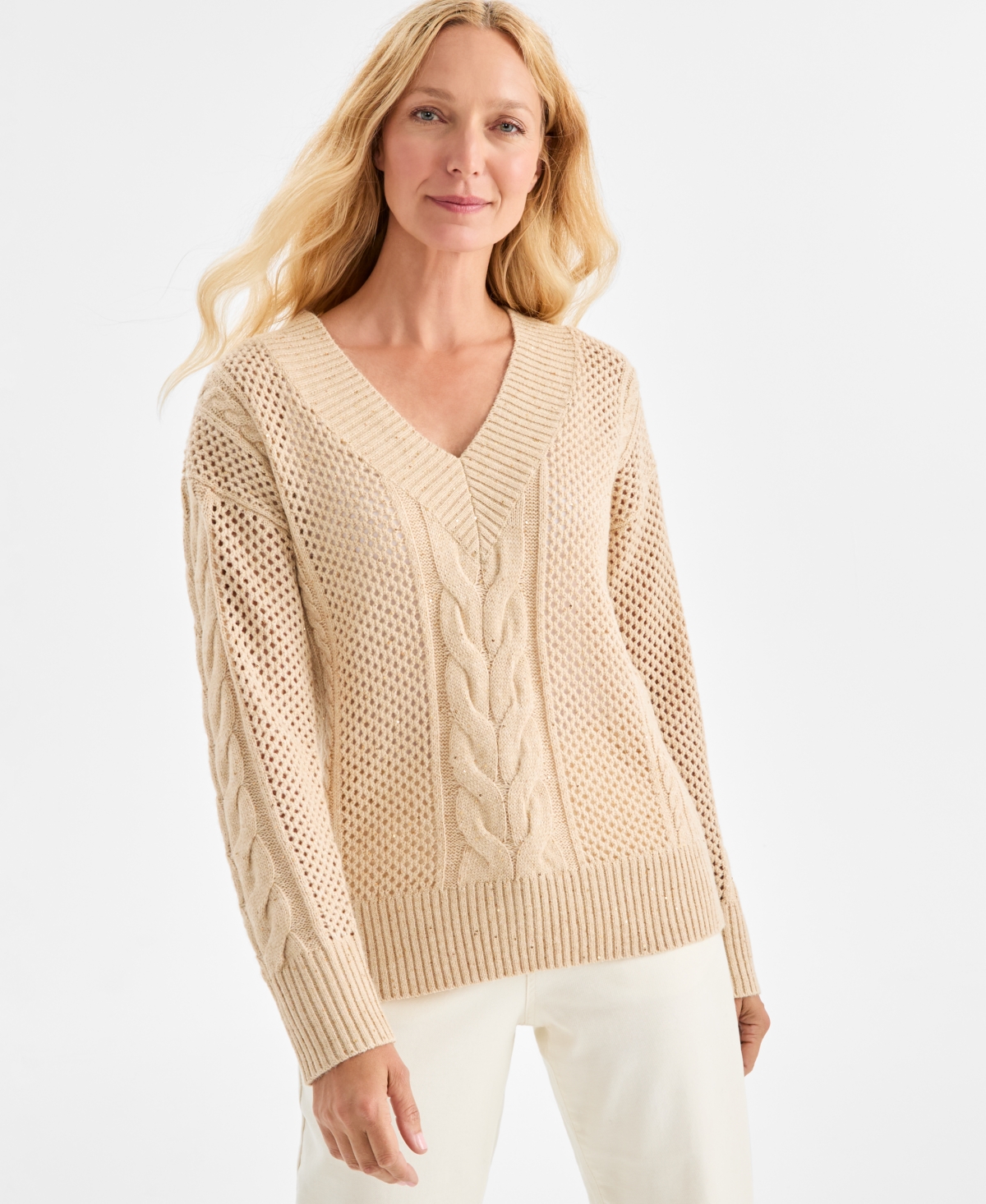 Click here for Style & Co Womens Sequin V-Neck Cable-Knit Pullove... prices