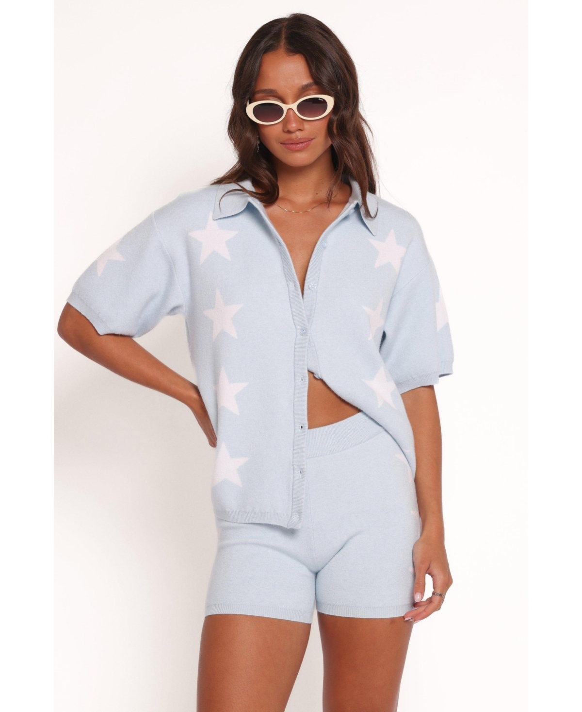 Click here for Petal and Pup Womens Lela Knitted Shirt - Light Bl... prices